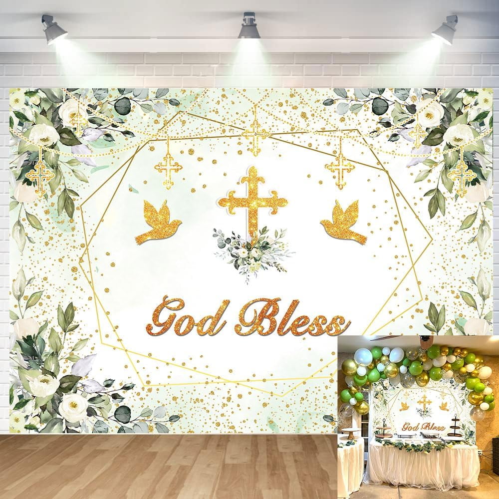Greenery Baptism Backdrop Green and Gold God Bless Background First ...