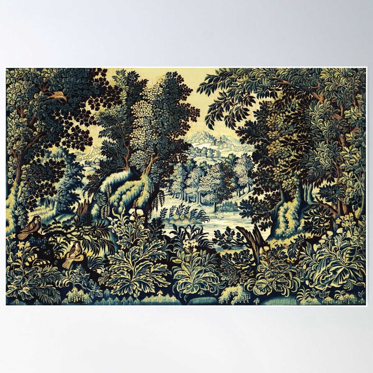 Greenery Birds Trees In Woodland Landscape Blue Green Floral Poster ...