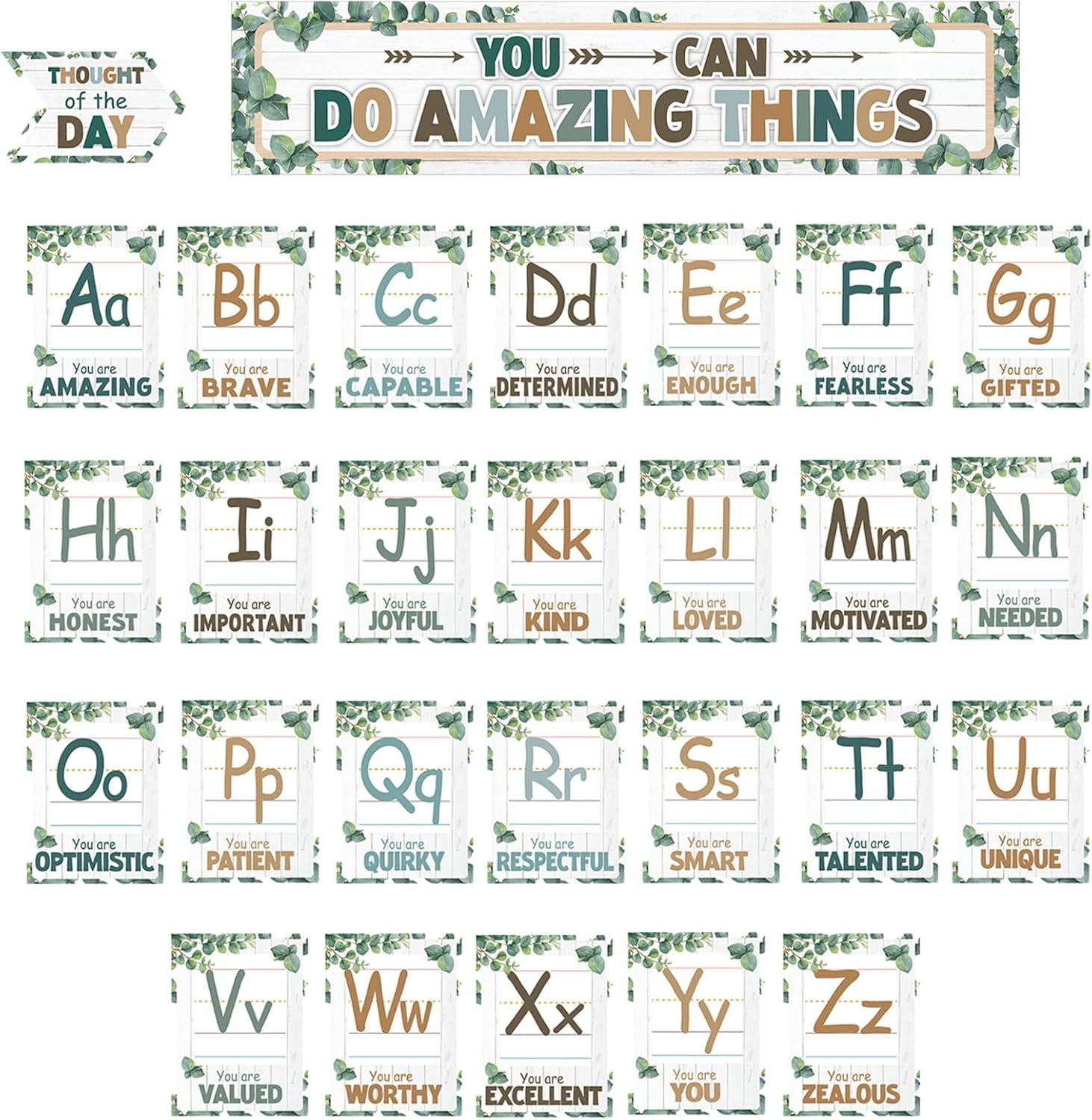 Greenery Eucalyptus Alphabet Affirmations Bulletin Board Positive ...