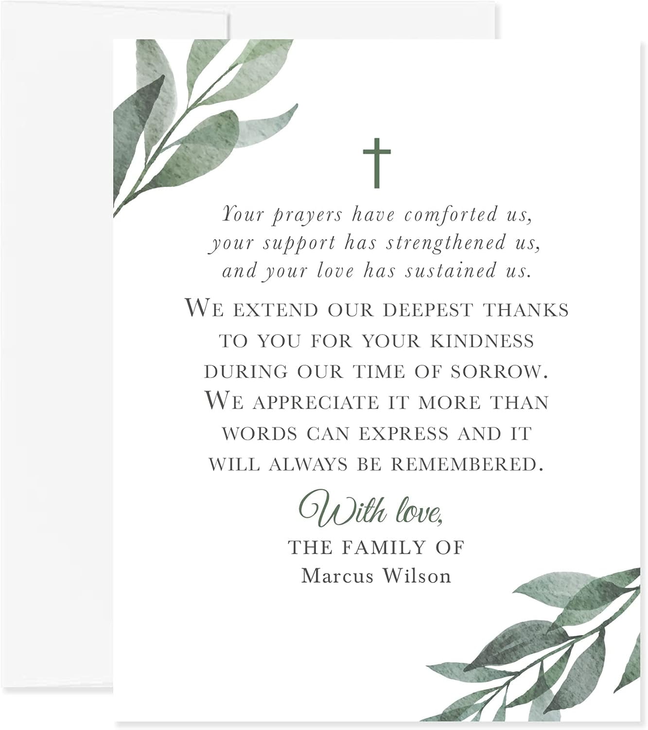 Greenery Funeral Thank You Cards with Cross, Personalized Sympathy ...