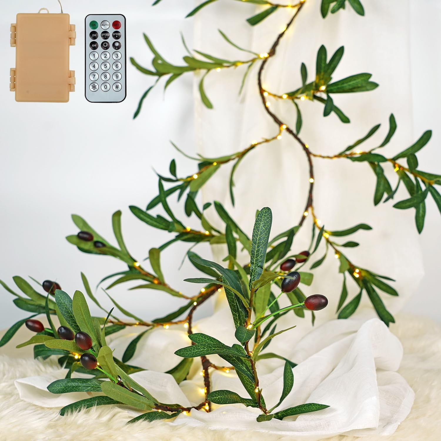 Greenery Garland Lighted Olive Branches 6FT 96 LEDs Fairy Lights ...