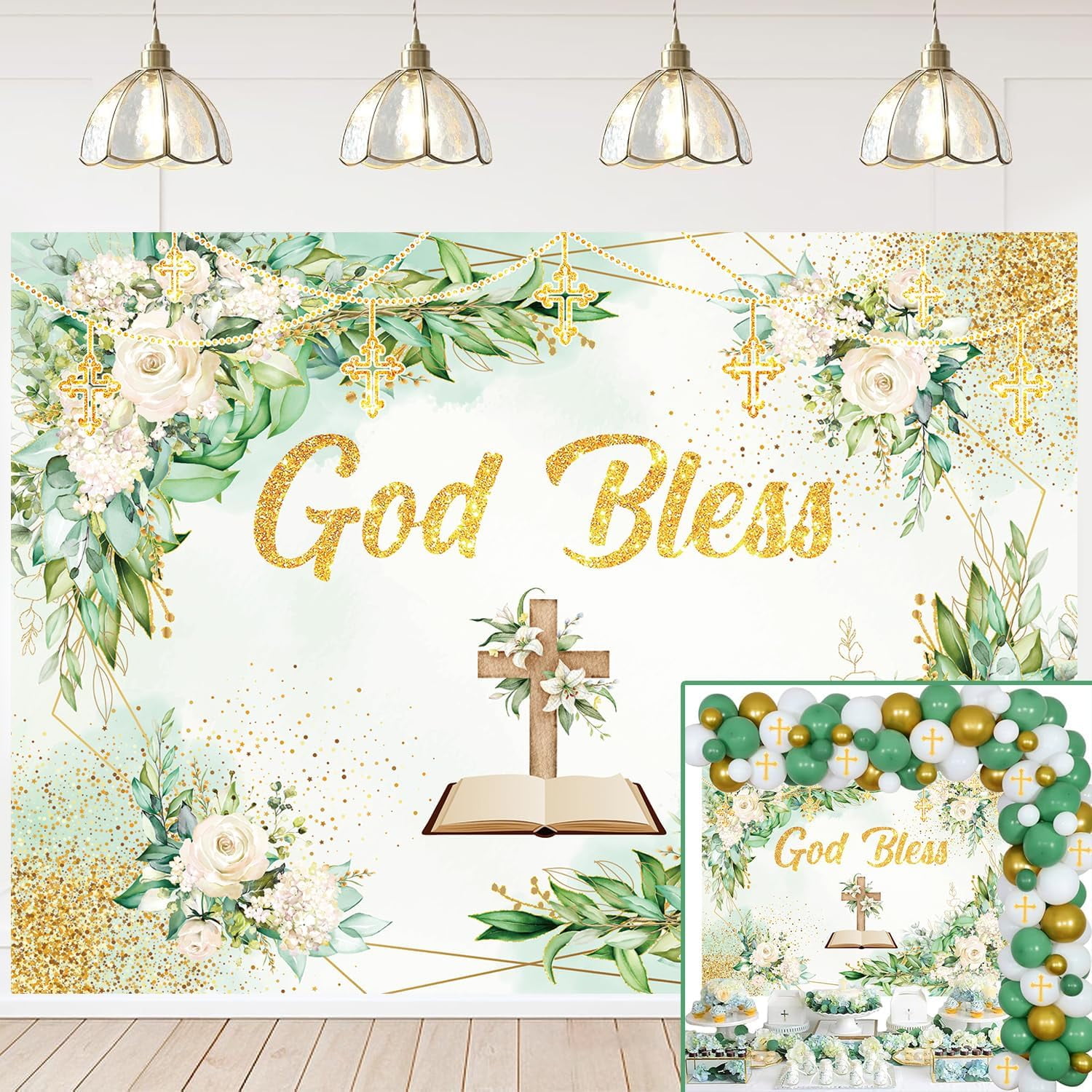 Greenery God Bless Backdrop First Holy Communion Baptism Background ...