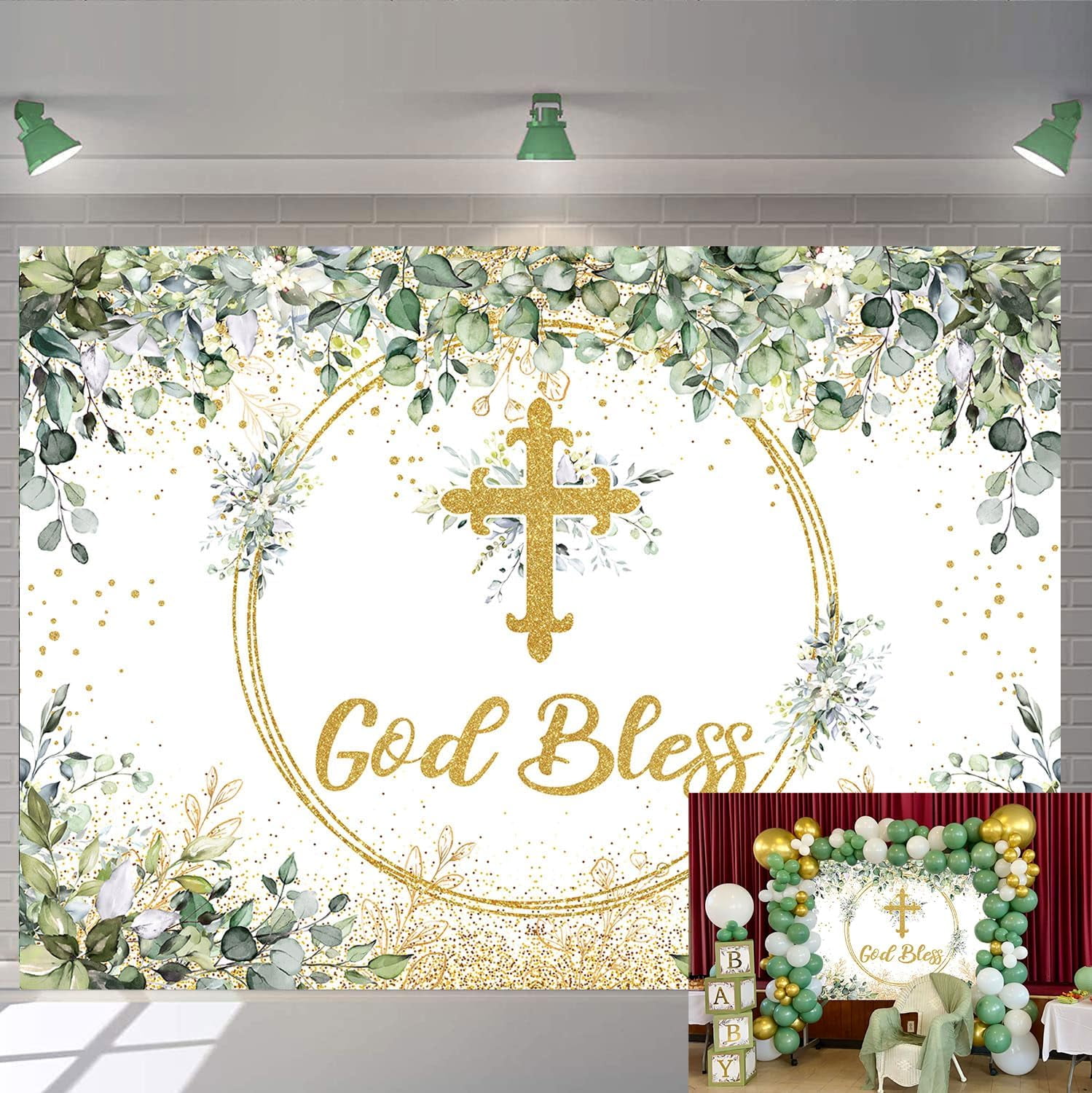 Greenery God Bless Backdrop First Holy Communion Baptism Party ...