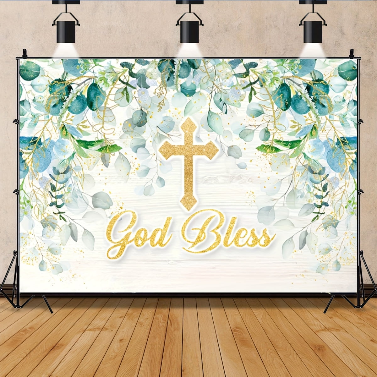 Greenery God Bless Backdrop Golden Cross First Holy Communion Baptism ...