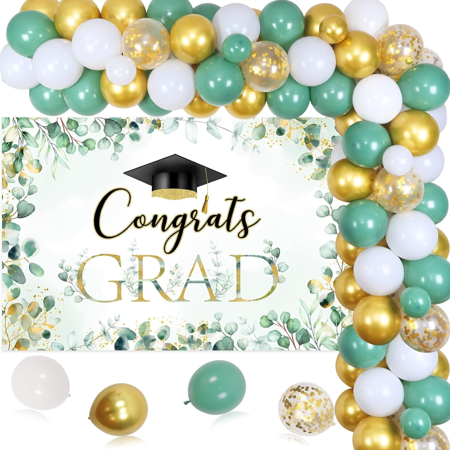 2024 Graduation Decor Kit - Green/Gold Balloons, Grad Backdrop for ...