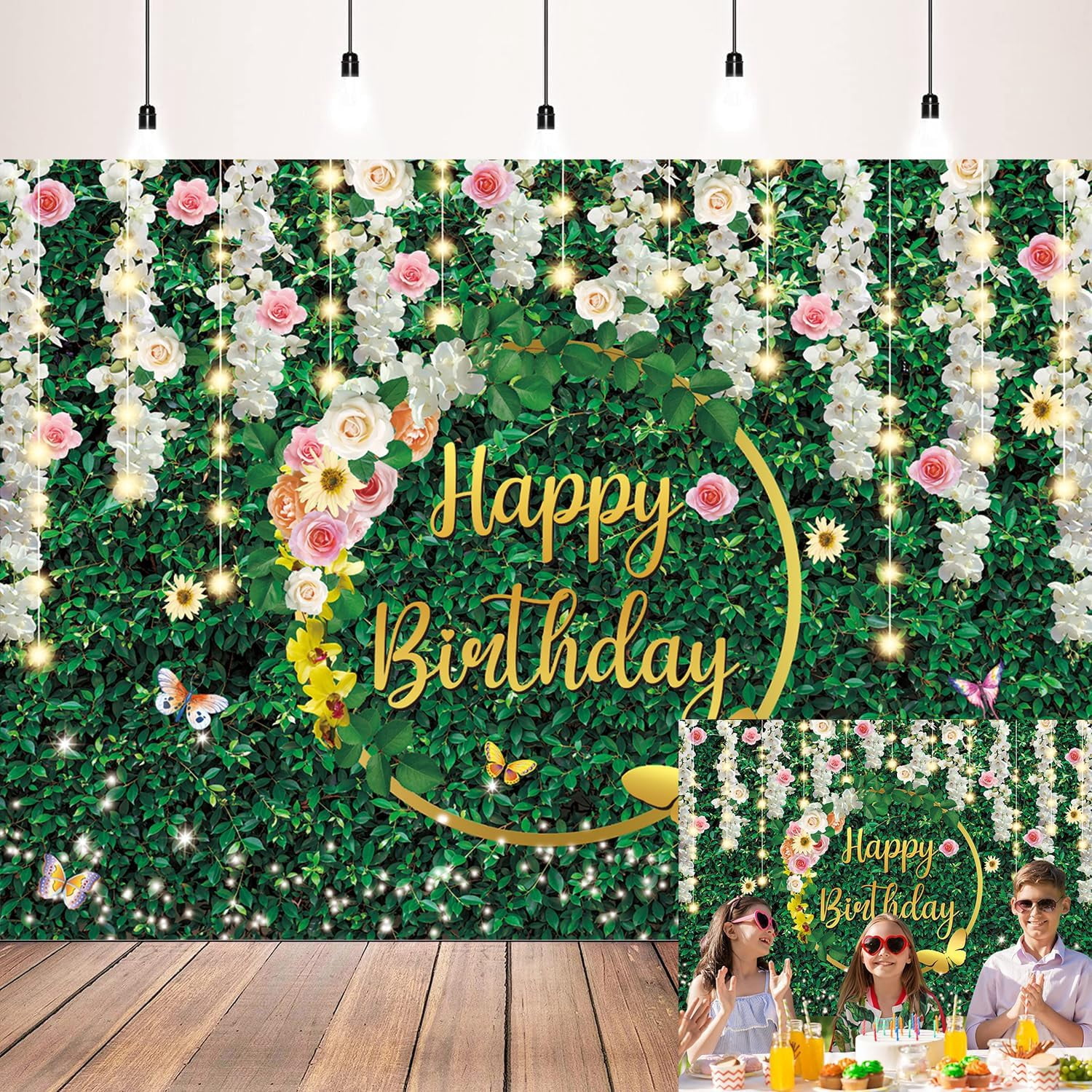 Greenery Happy Birthday Backdrop Green Grass and Flowers Wreath Women ...