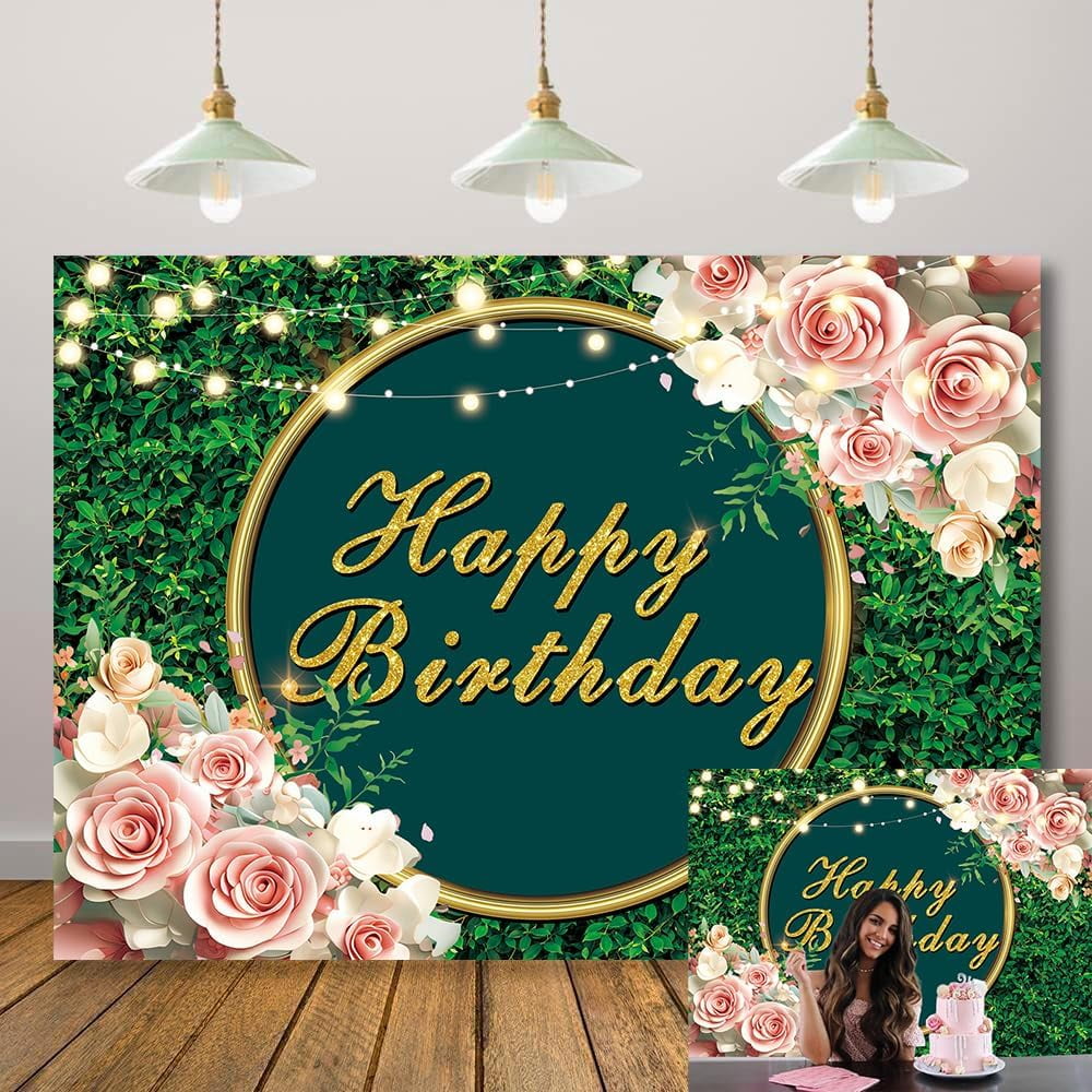 Greenery Happy Birthday Backdrop Green Leaves Flowers Lights ...