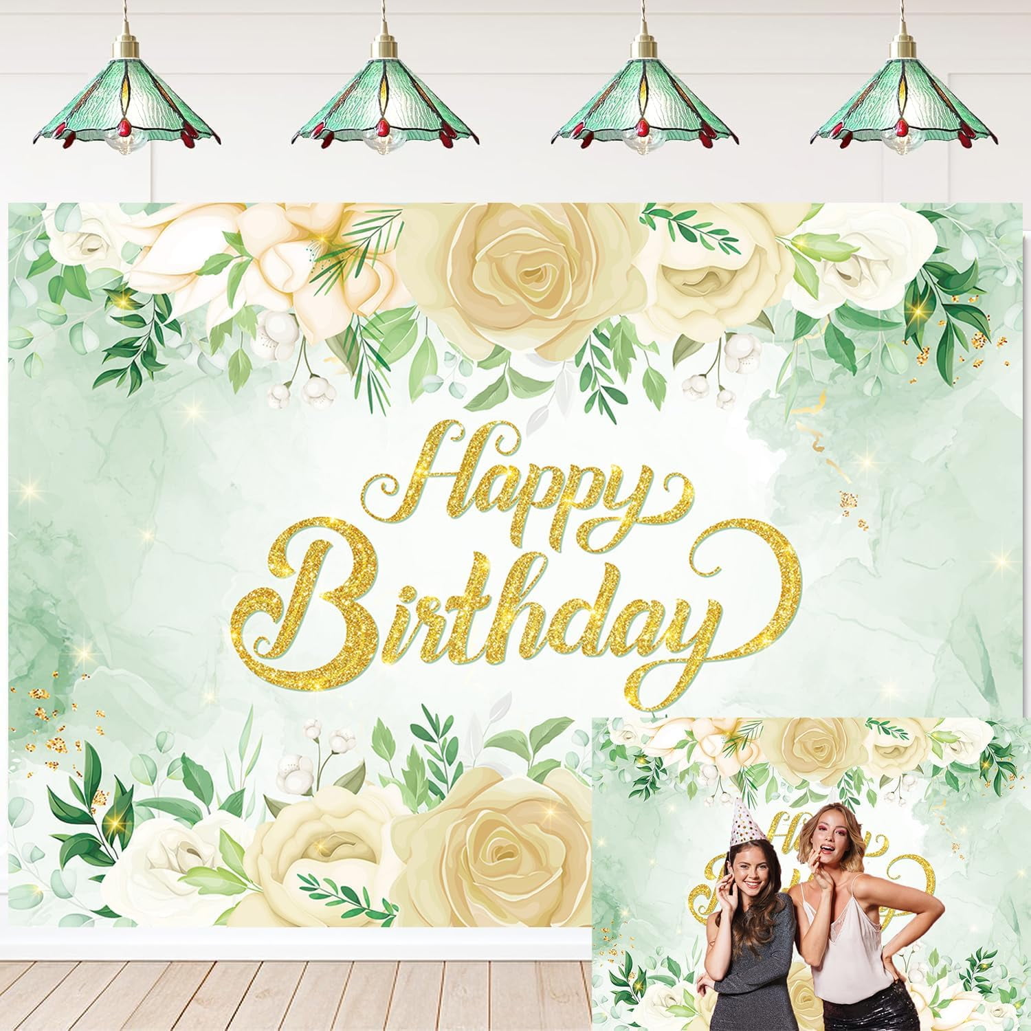 Greenery Happy Birthday Backdrop Sage Green Glitter Gold Eucalyptus Leaves White Rose Flower ...