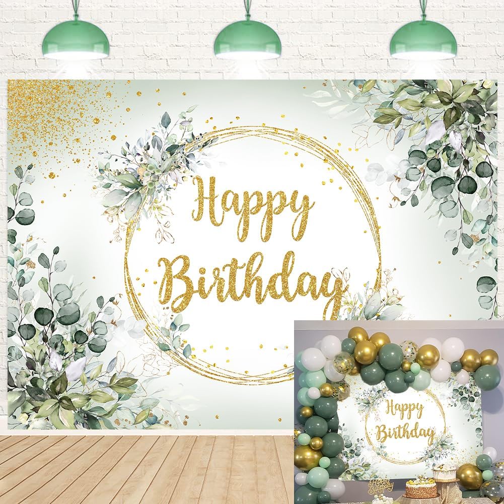 Greenery Happy Birthday Banner Backdrop Green Eucalyptus Leaf Birthday ...