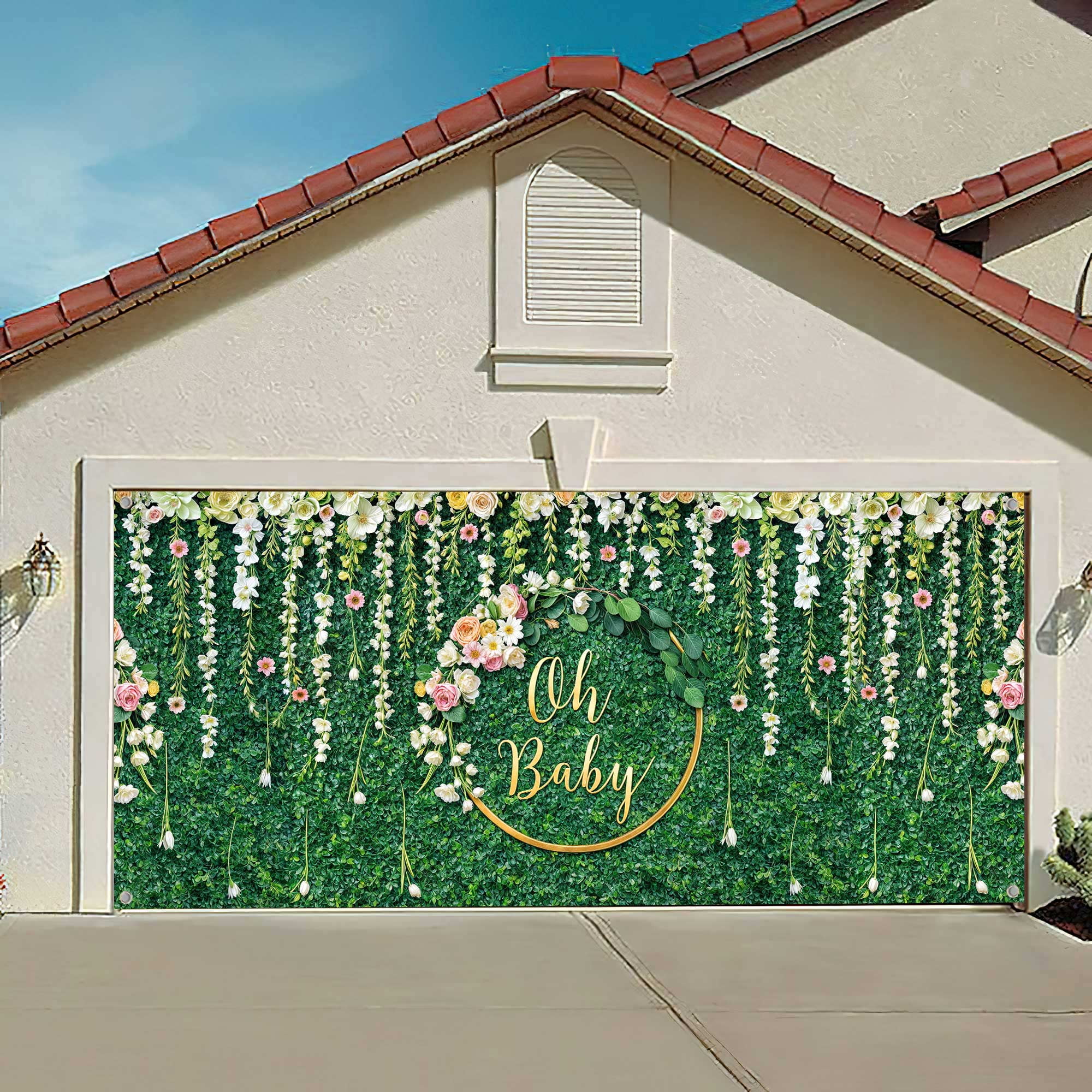 Greenery Oh Baby Garage Door Decoration Background Green Grass Wall ...