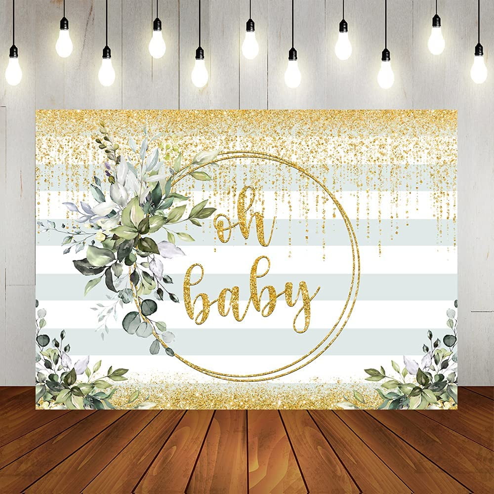Greenery Oh Baby Baby Shower Backdrop Watercolor Green and Gold Gender ...