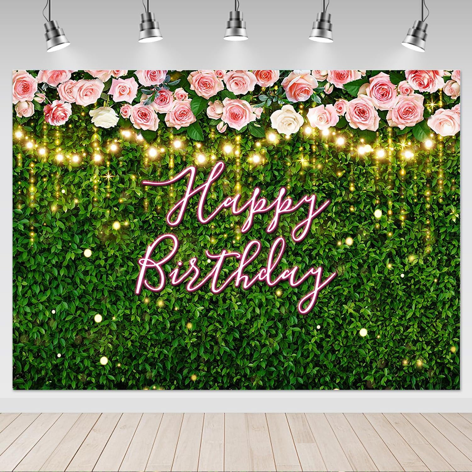 Greenery Pink Birthday Backdrop Green Leaves Neon Happy Birthday ...