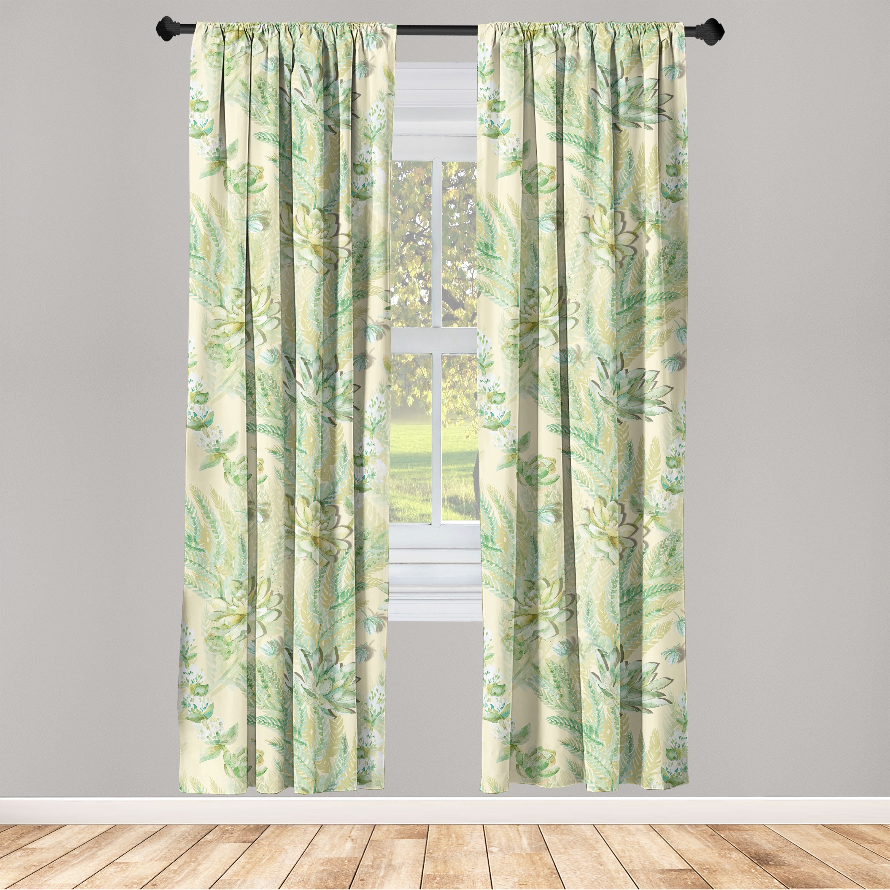 Greenery Window Curtains, Watercolor Style Lotus and Fern Leaves ...