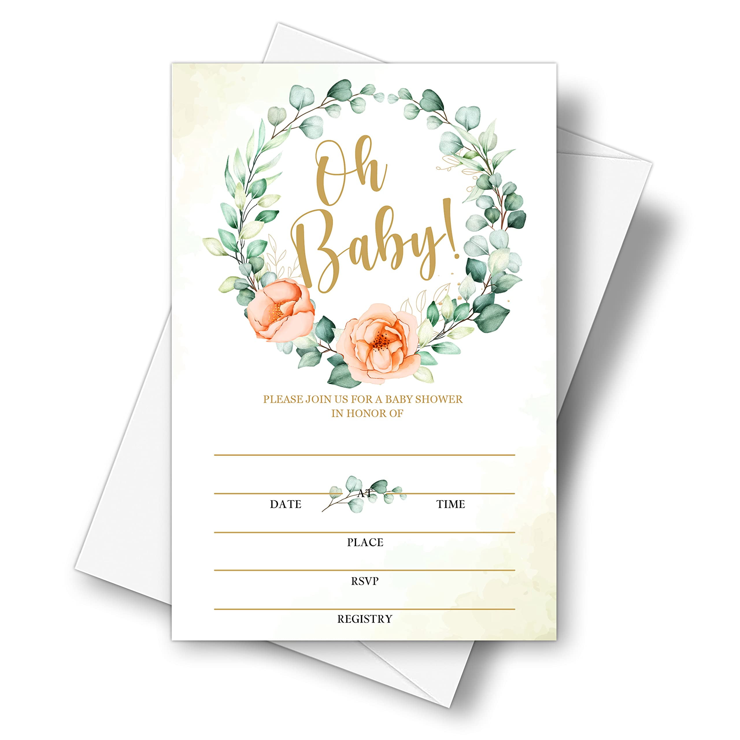 Greenery Wreath Baby Shower Invitations - 25 Sets Elegant Coated Paper ...