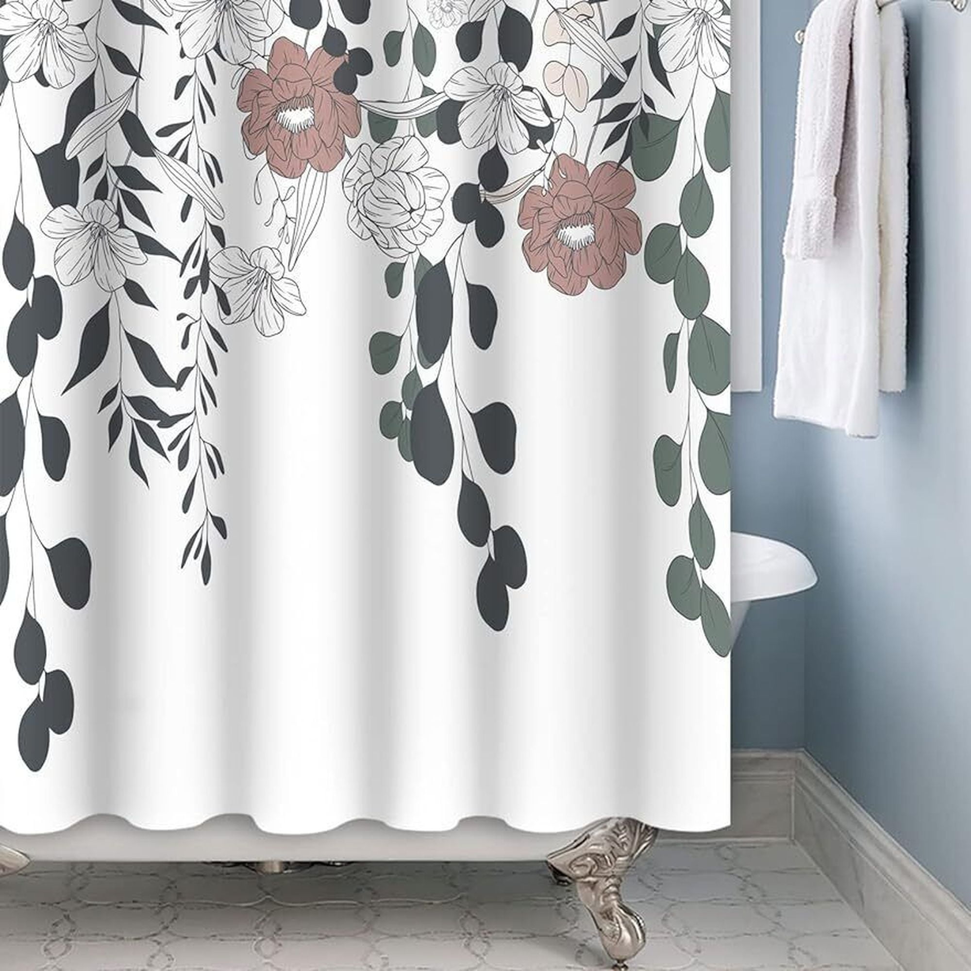 Greenery And Red Floral Shower Curtain Vibrant Botanical Design For