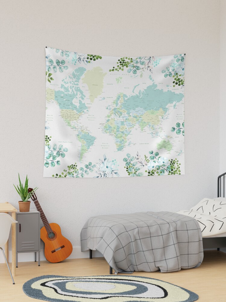 Greenery mint and blue detailed world map with cities Tapestry ...
