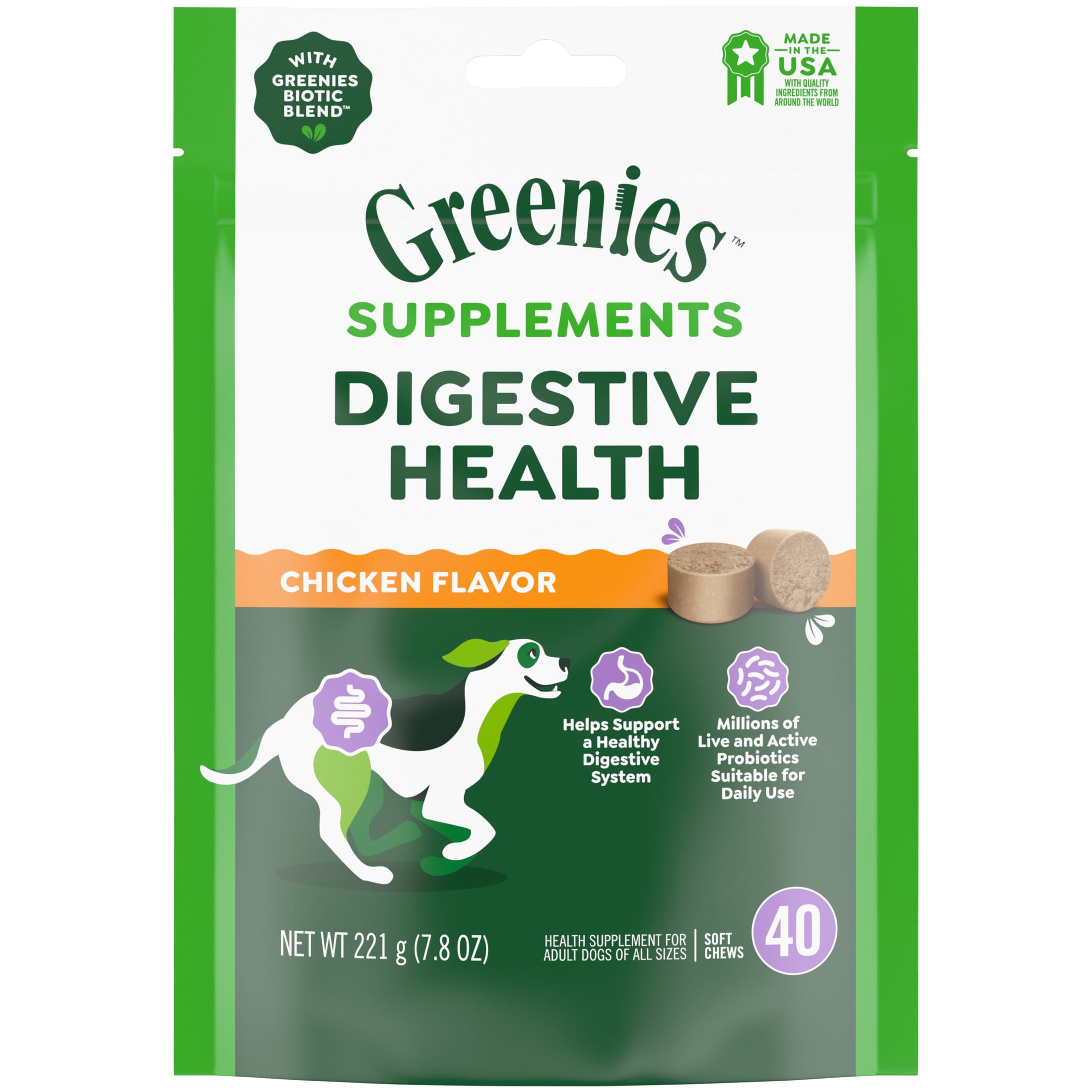 GREENIES Digestive Probiotics for Dogs Chicken Flavor 7.8 oz Pouch of ...