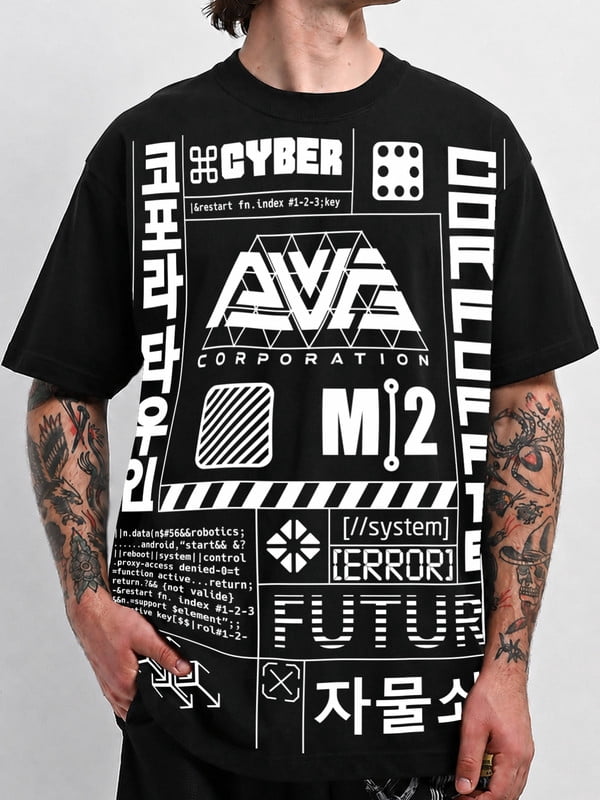 Greenink For men Cyber Corp Future Tech Tee black Y2K Gothic Bold Print ...