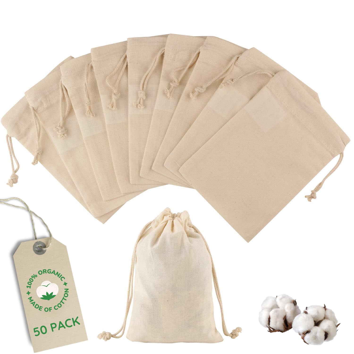 Greenmile 50 Pieces Organic Cotton Muslin Bags 4x6 Inch C33 - Walmart.com