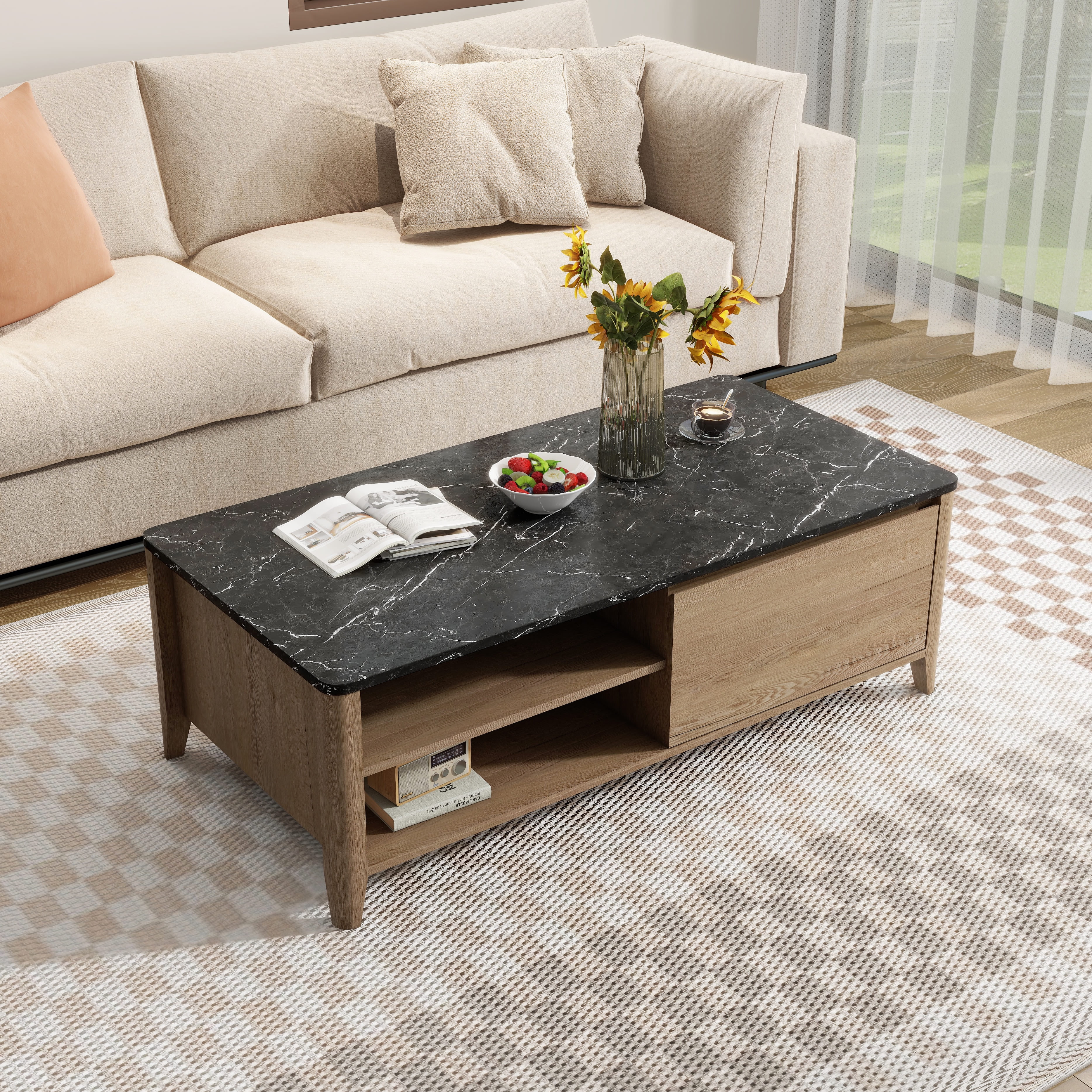 Greenpod Modern Farmhouse Coffee Table with Open Storage and Double ...