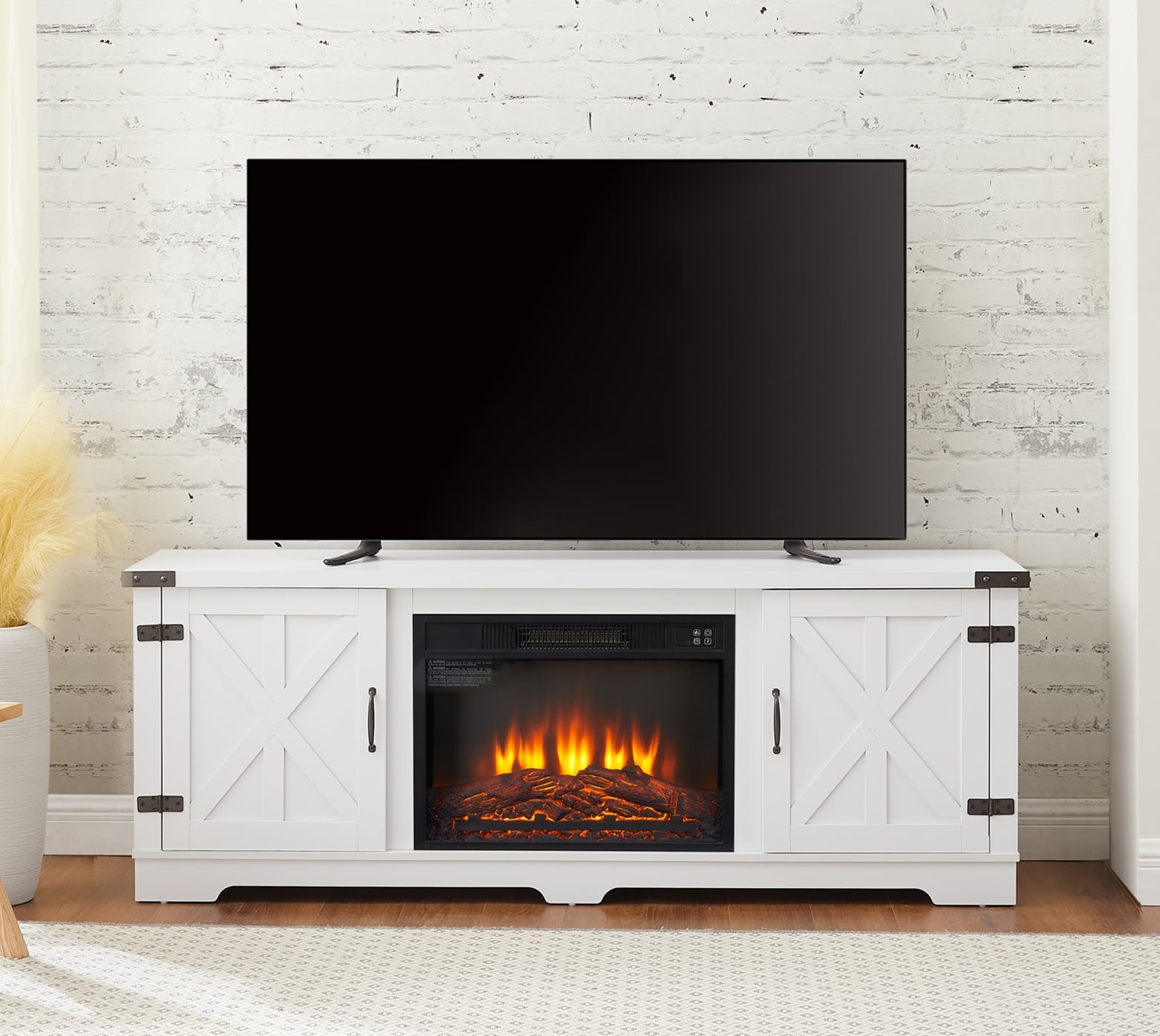 Greenpod Modern Farmhouse Double Barn Door Fireplace TV Stand for TVs ...
