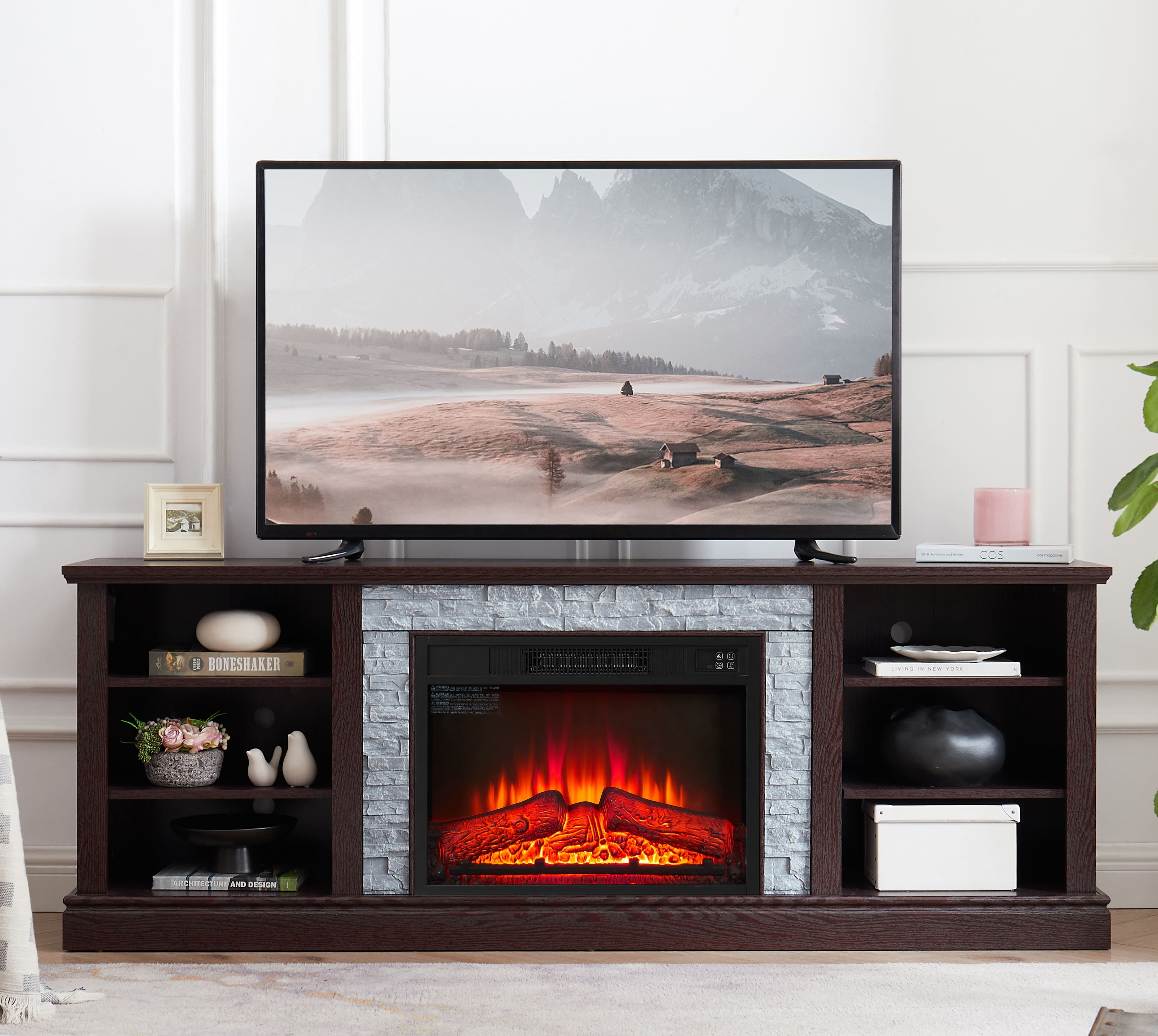 Greenpod Modern Farmhouse Electric Fireplace TV Stand with Storage ...