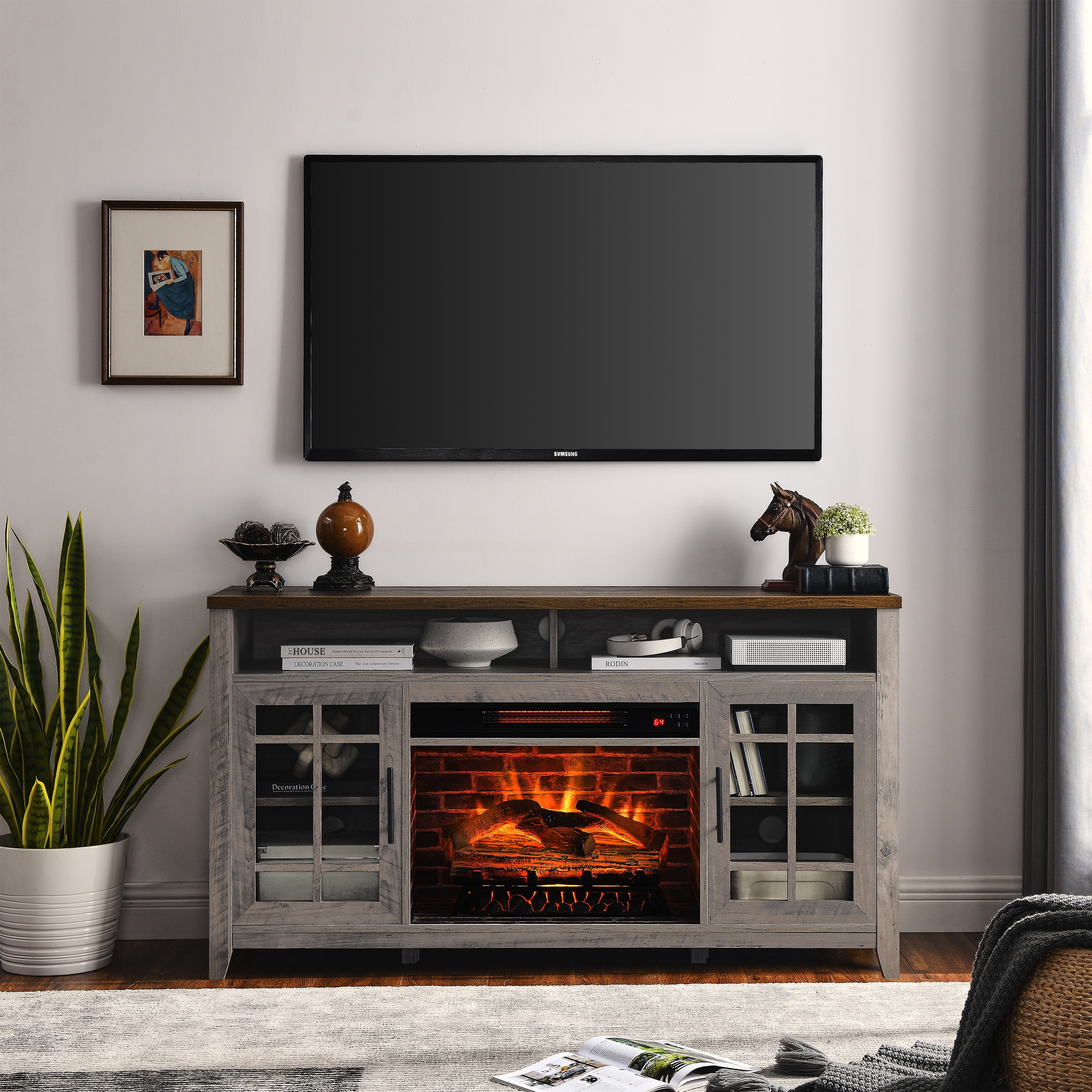 Greenpod Modern Farmhouse Fireplace TV Stand with 2 Doors for TVs up to ...