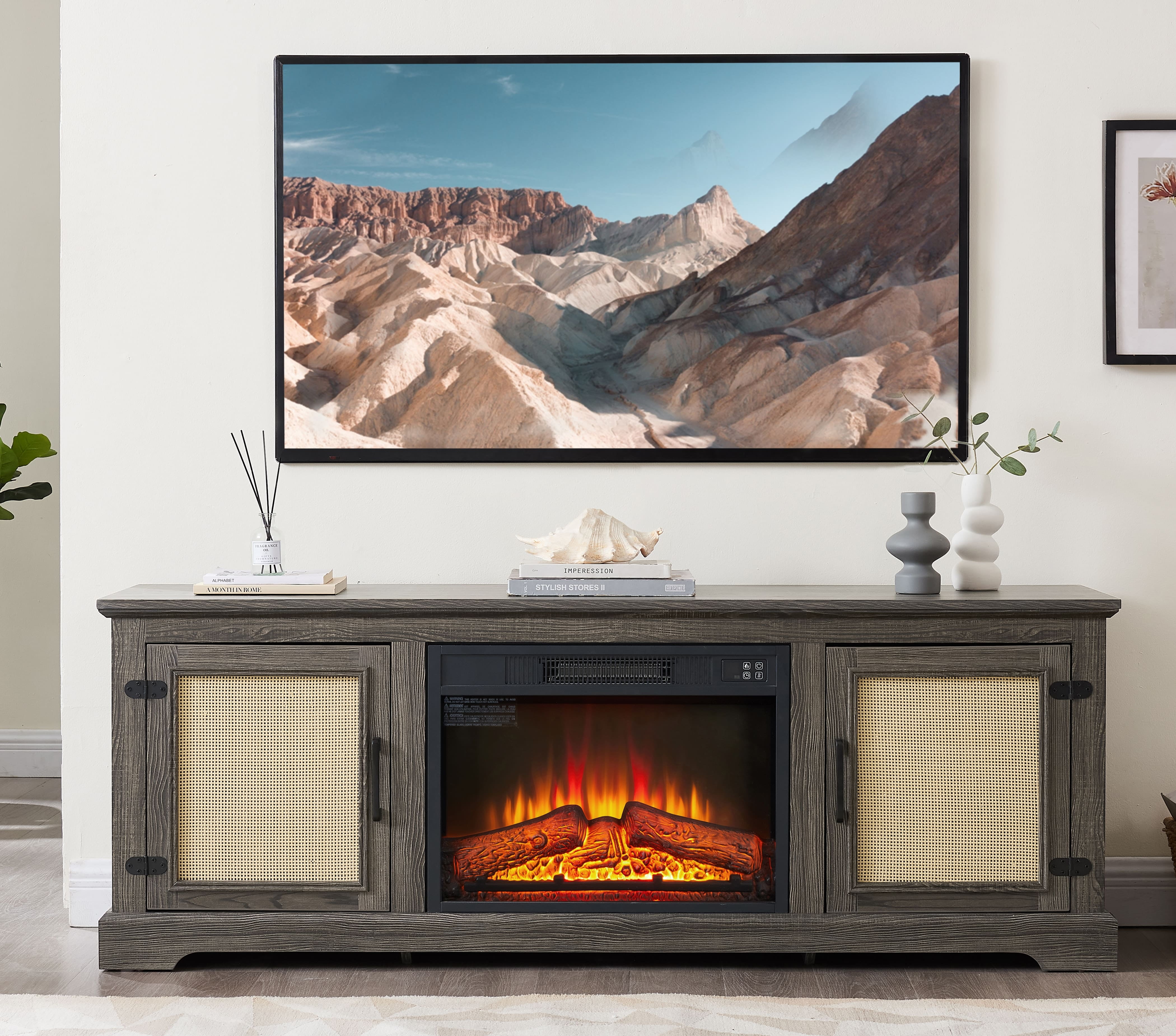 Greenpod Natural Rattan Farmhouse Fireplace TV Stand with 2 Doors for ...