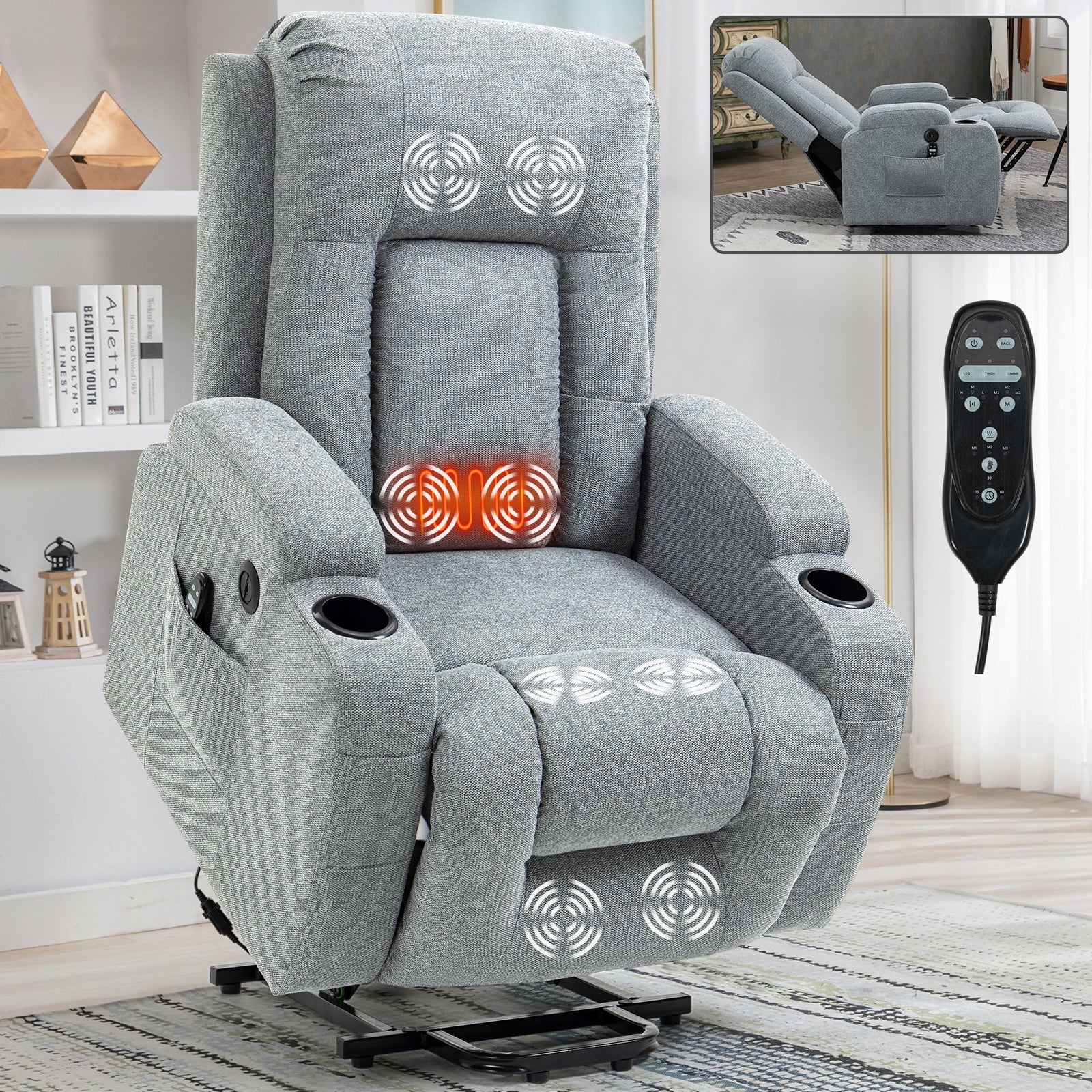 Greenpod Power Lift Recliner Chair, Fabric with Massage, USB Ports ...