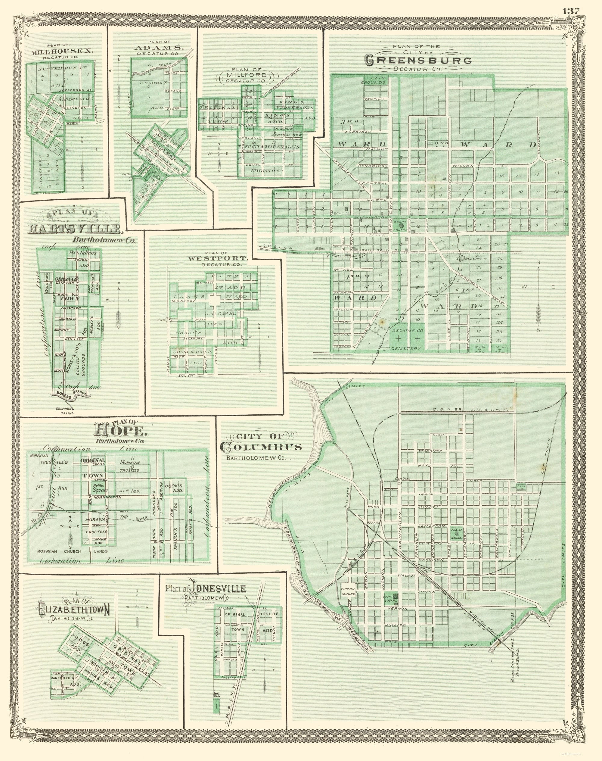 Historic City Map - Greensburg Columbus Hartsville Hope Indiana ...