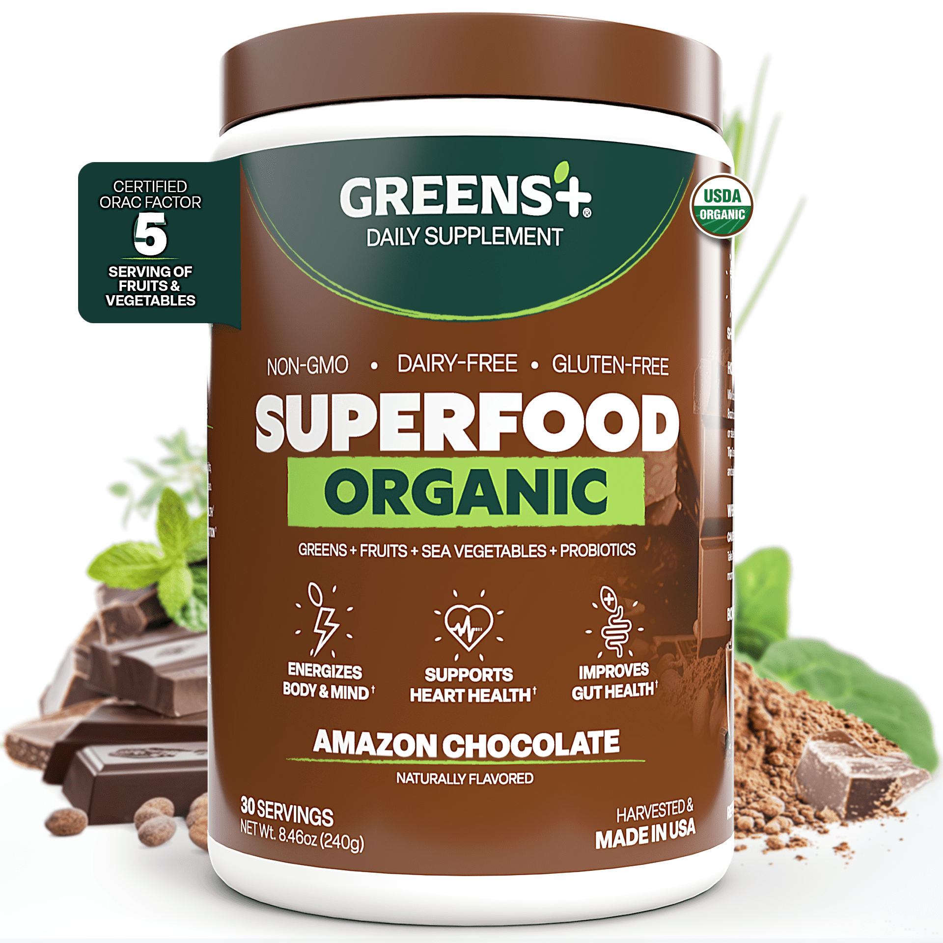 Greens Plus Organic Chocolate Greens Superfood Powder, Vegan Supplement ...