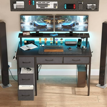 Dextrus L Shaped Desk with Power Outlets & LED Lights, Computer Desk ...