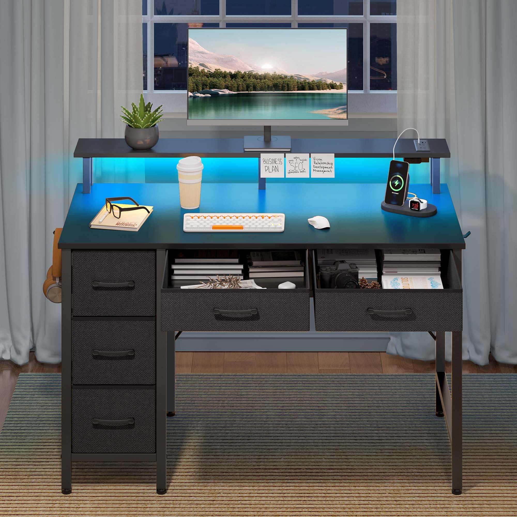 Greenstell 39" Computer Desk with Built-in Outlets & LED, 5-Drawer ...