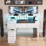Computer Desk with 5 Drawer, Power Outlet & Led Lights, 66'' Home ...