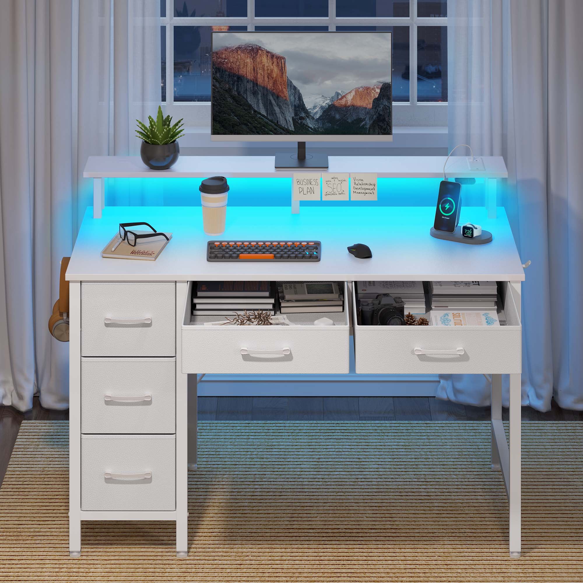 Greenstell 39" Computer Desk with Built-in Outlets & LED, 5-Drawer ...
