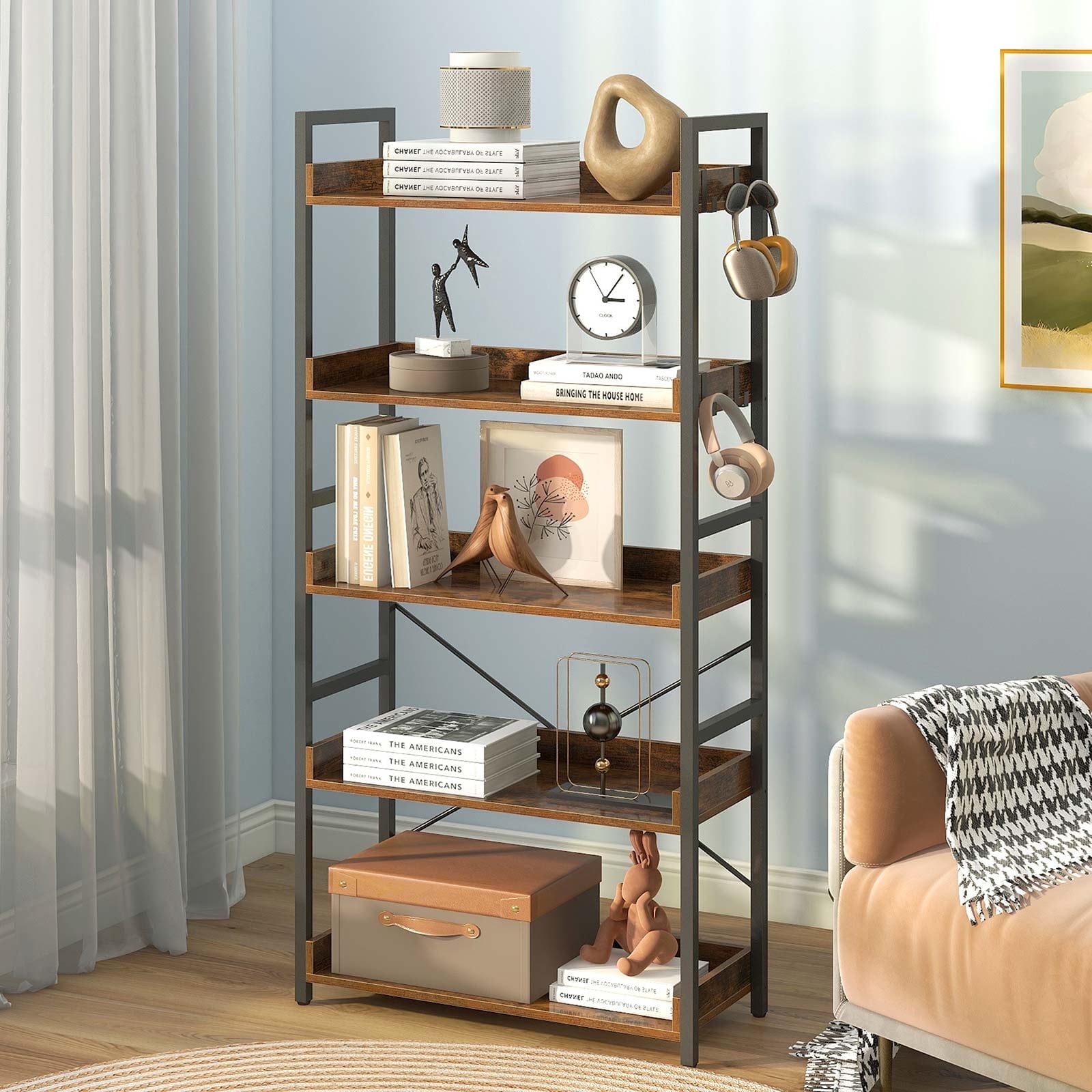 Greenstell 5-Tier Industrial Bookcase for Living Room, Bedroom, and ...