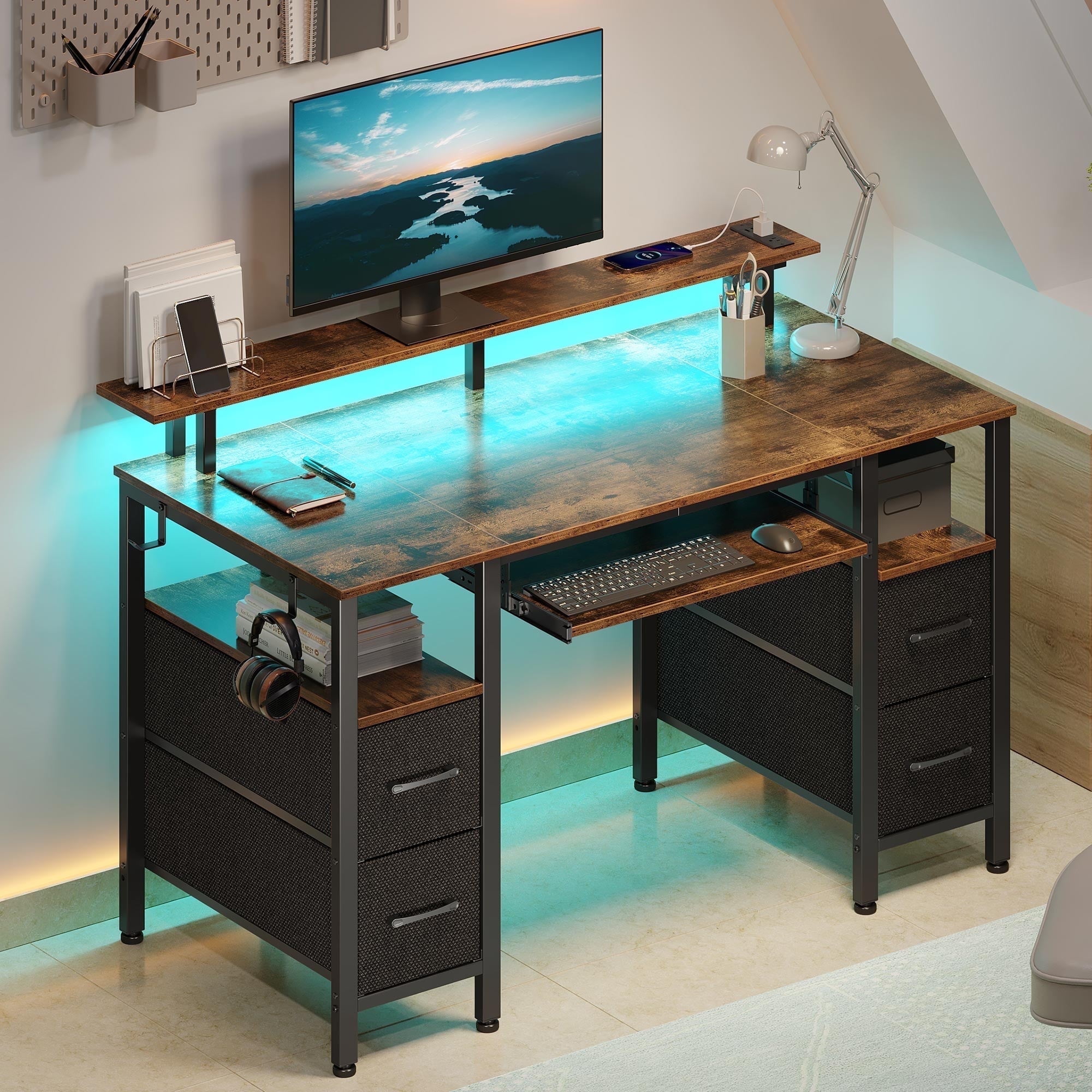 Greenstell 55 inch Gaming Desk with LED Lights, I-Shaped Computer Desk ...