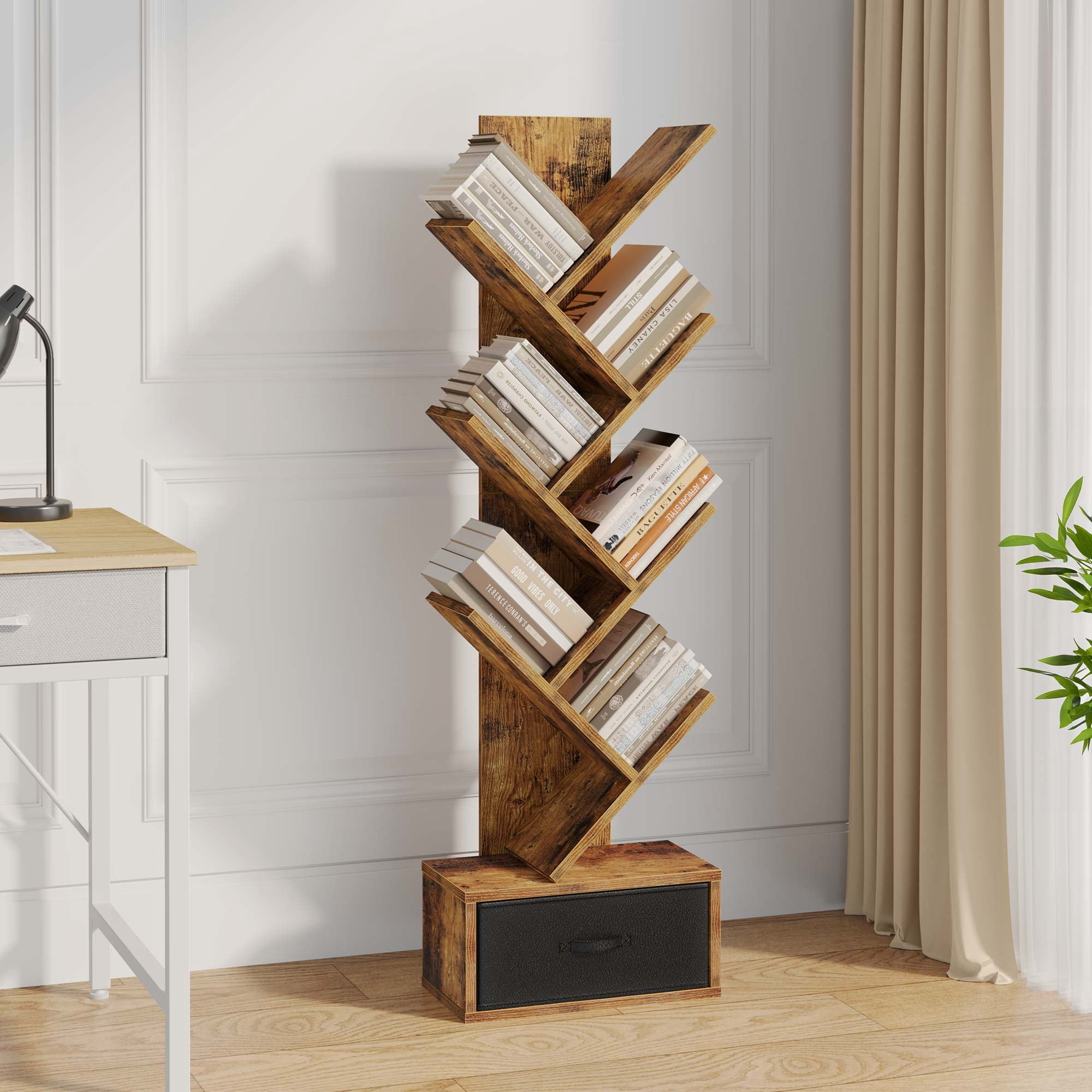 Greenstell 7-Tier Wooden Bookcase with Drawer, Free Standing Tree ...