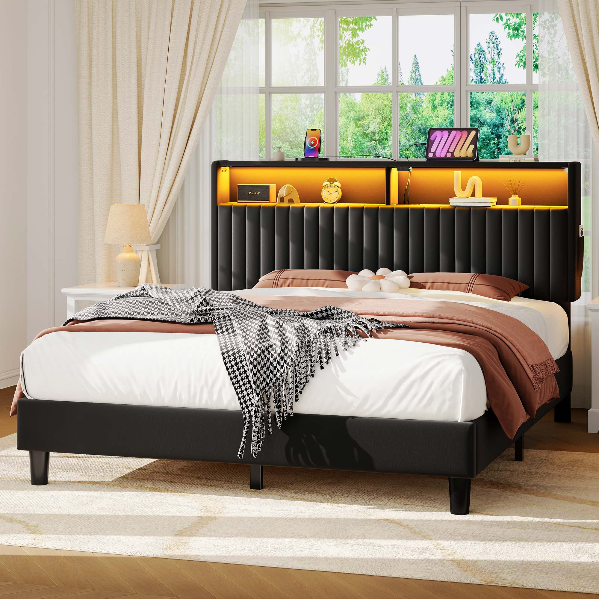 Greenstell Full Bed Frame with LED Light & Platform Bed with ...