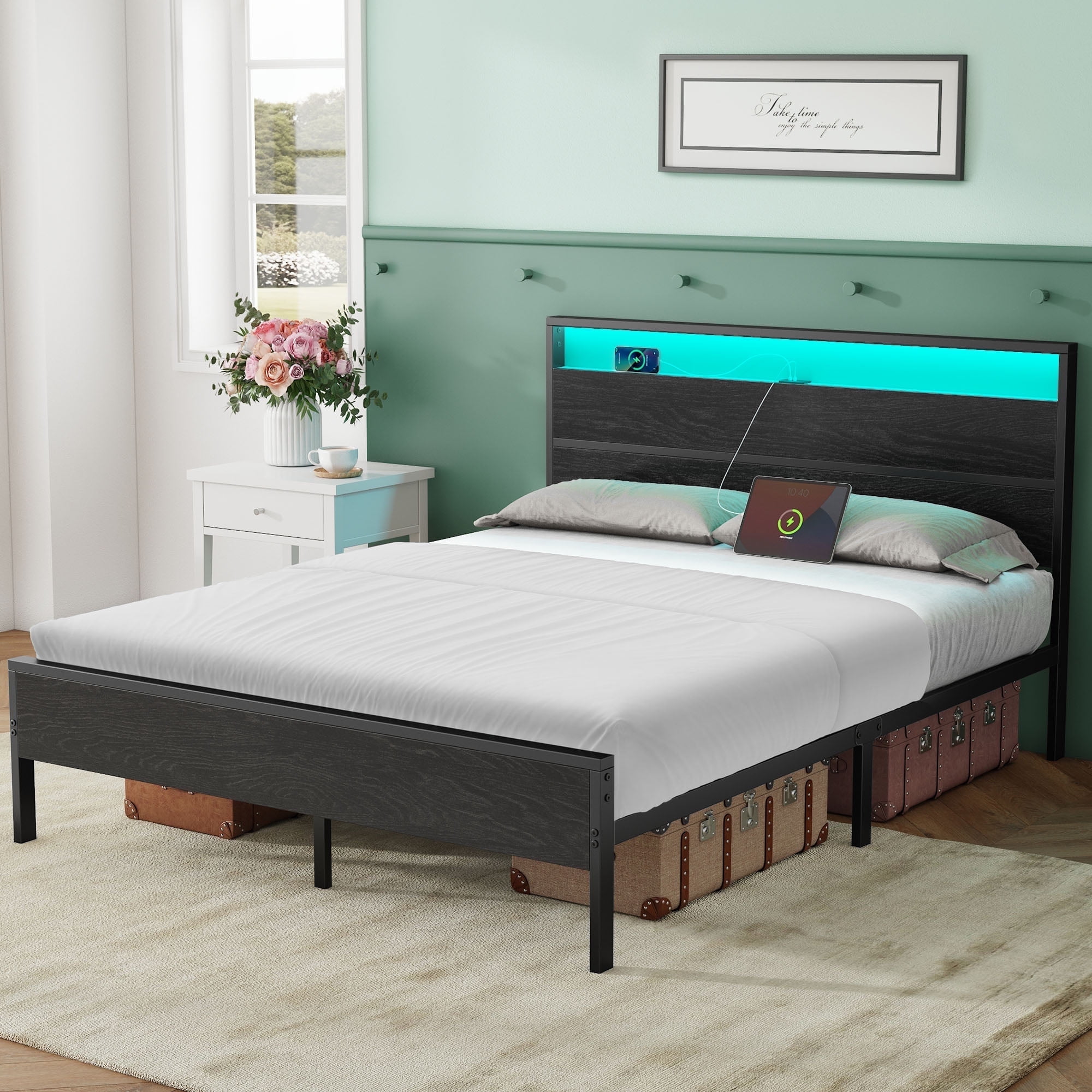 Greenstell Full Size LED Light Bed Frame with Storage Wooden Headboard ...