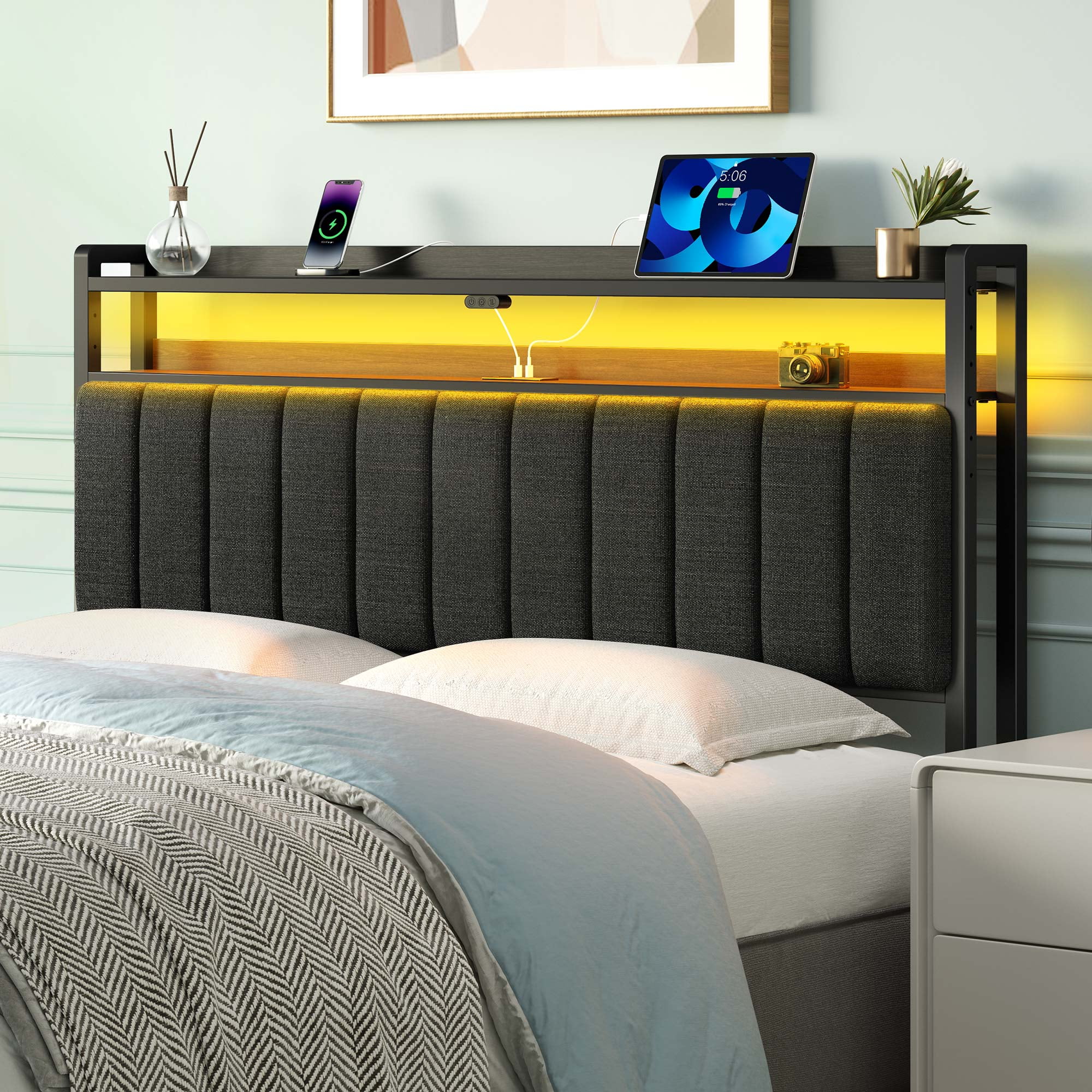 Greenstell Full Size Adjustable Storage Headboard - Modern Black ...