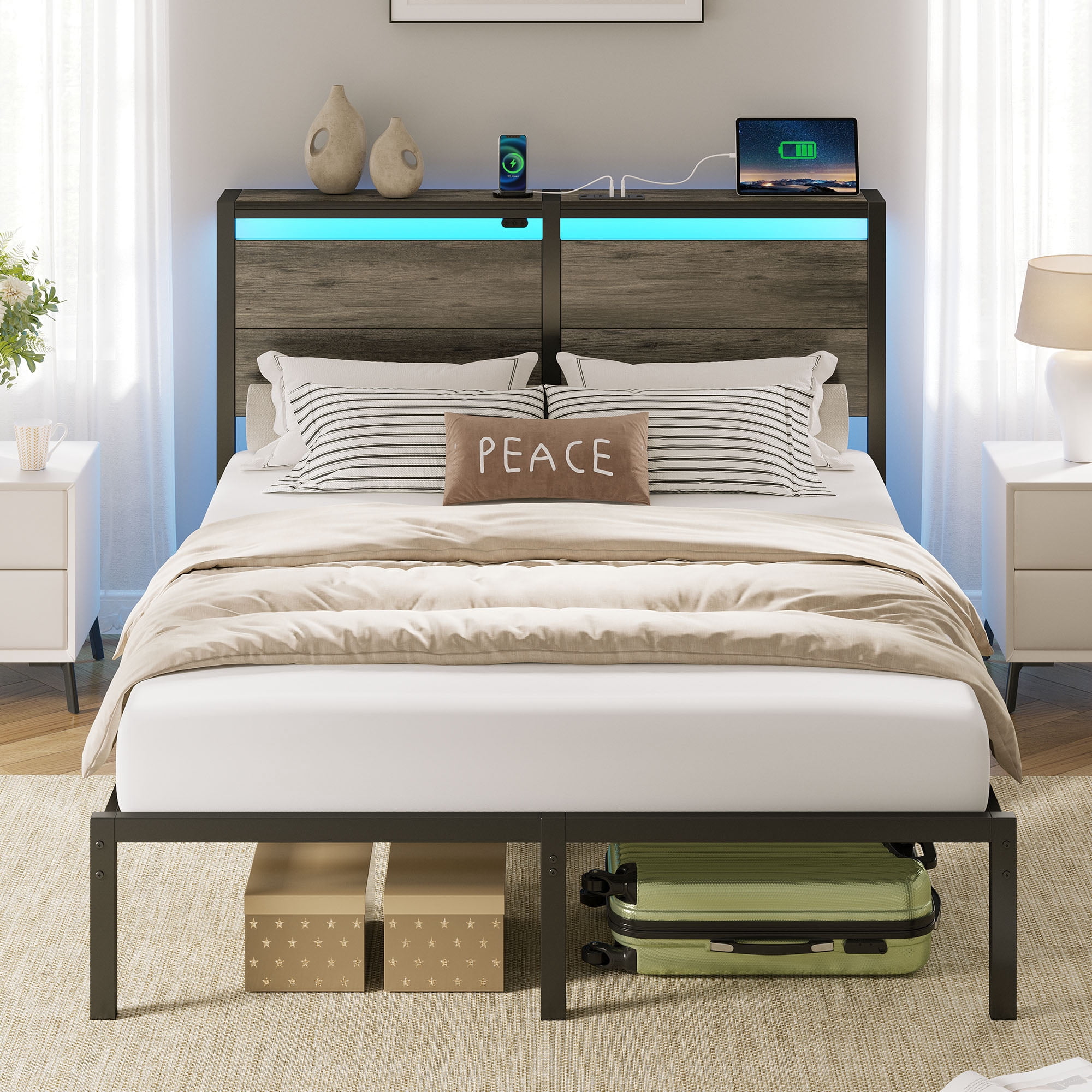 Greenstell Full Size Bed Frame with LED Lights, USB Outlets & Under-Bed ...