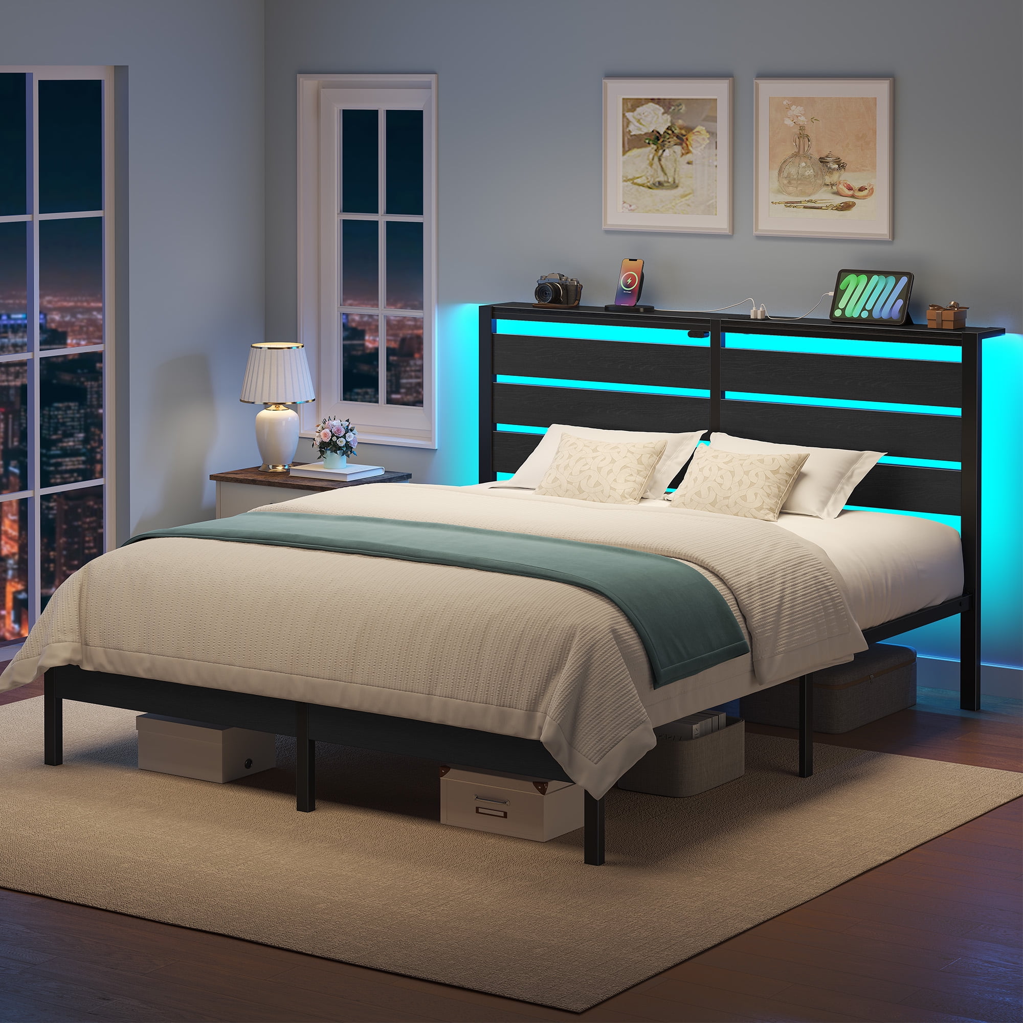 Greenstell Full Size Bed Frame with Storage Headboard,Wood Platform Bed ...