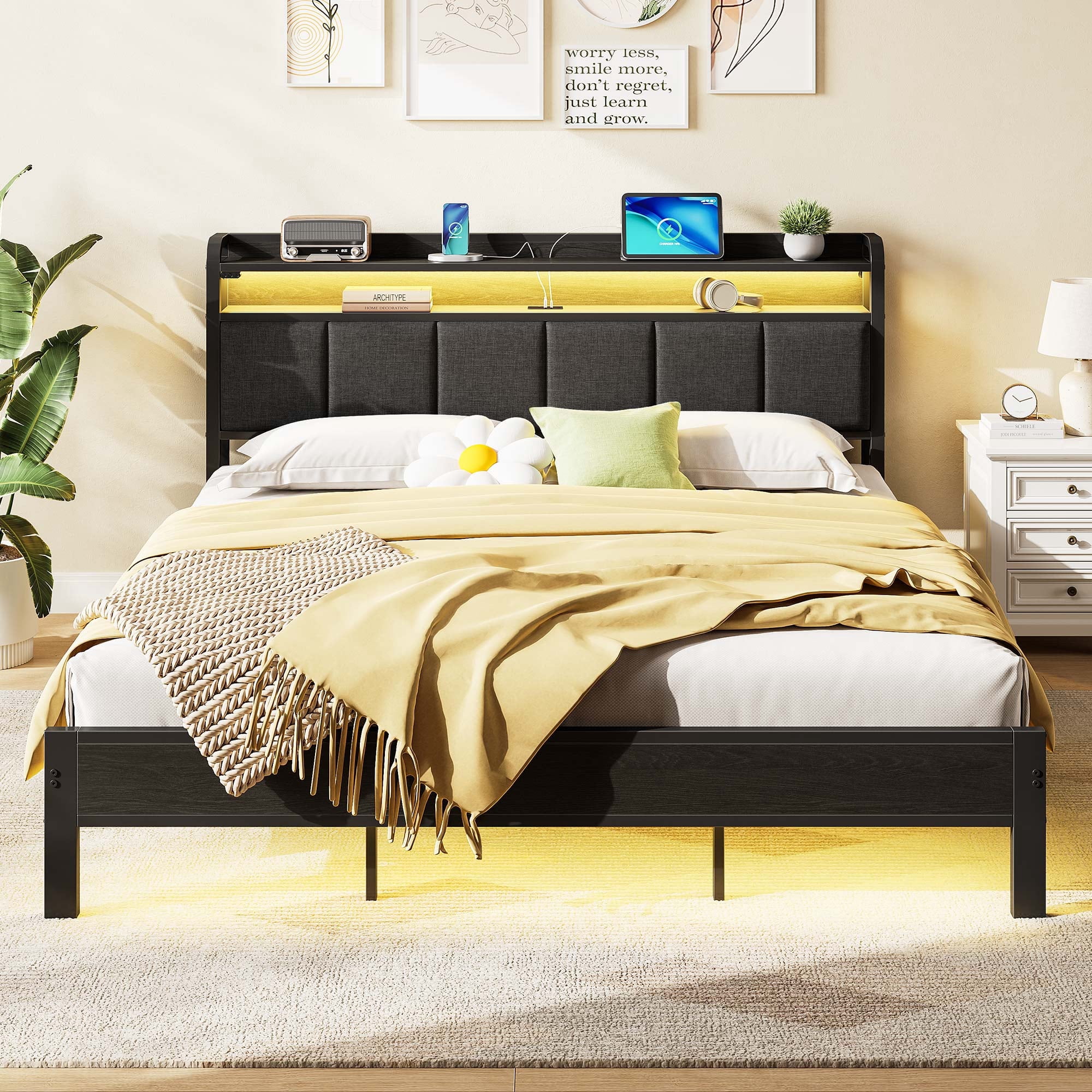 Greenstell King Size Bed Frame with Charging Station, LED Lights ...