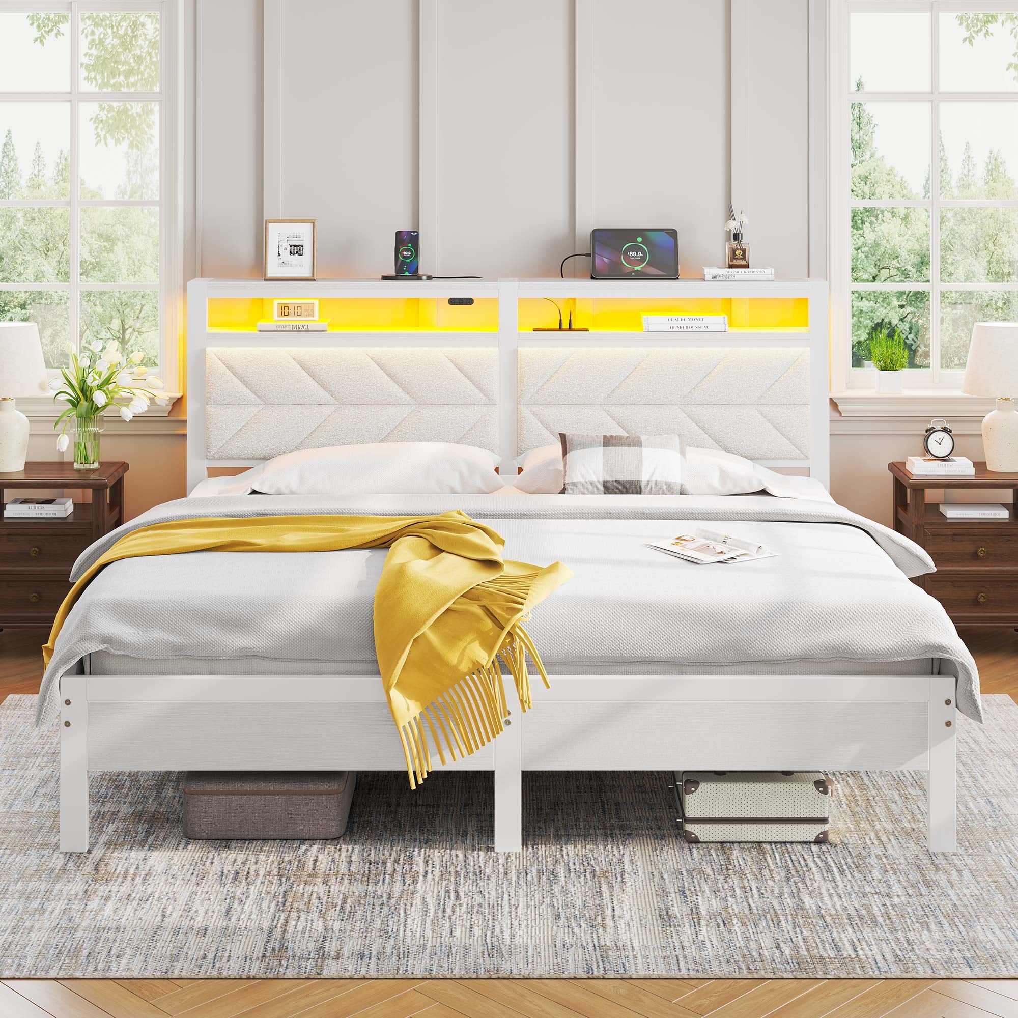 Greenstell King LED Bed Frame with Headboard Storage - Charging Station ...