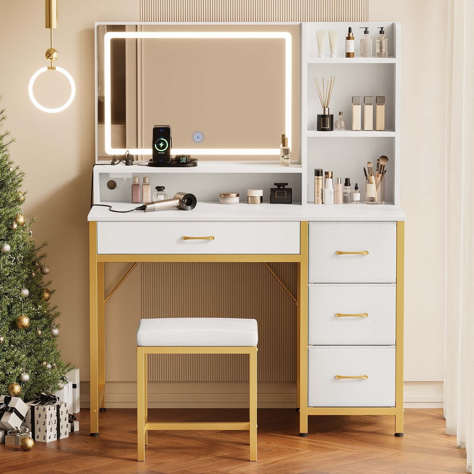 Greenstell Modern Vanity Desk with Mirror and Lights & Power Outlets ...