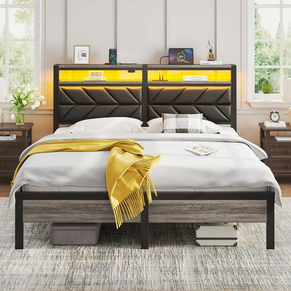 Greenstell Queen LED Bed Frame with Headboard Storage - Charging ...
