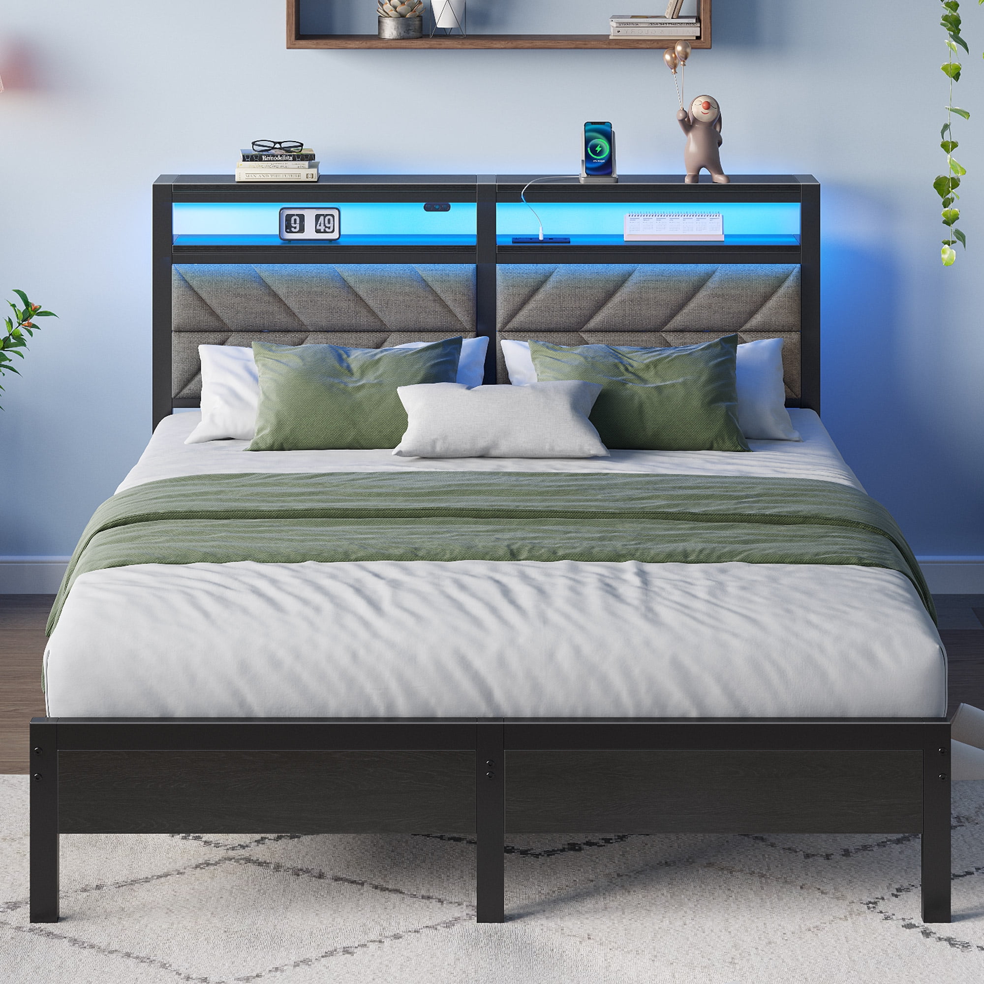 Greenstell Queen LED Bed Frame with Headboard Storage - Charging ...