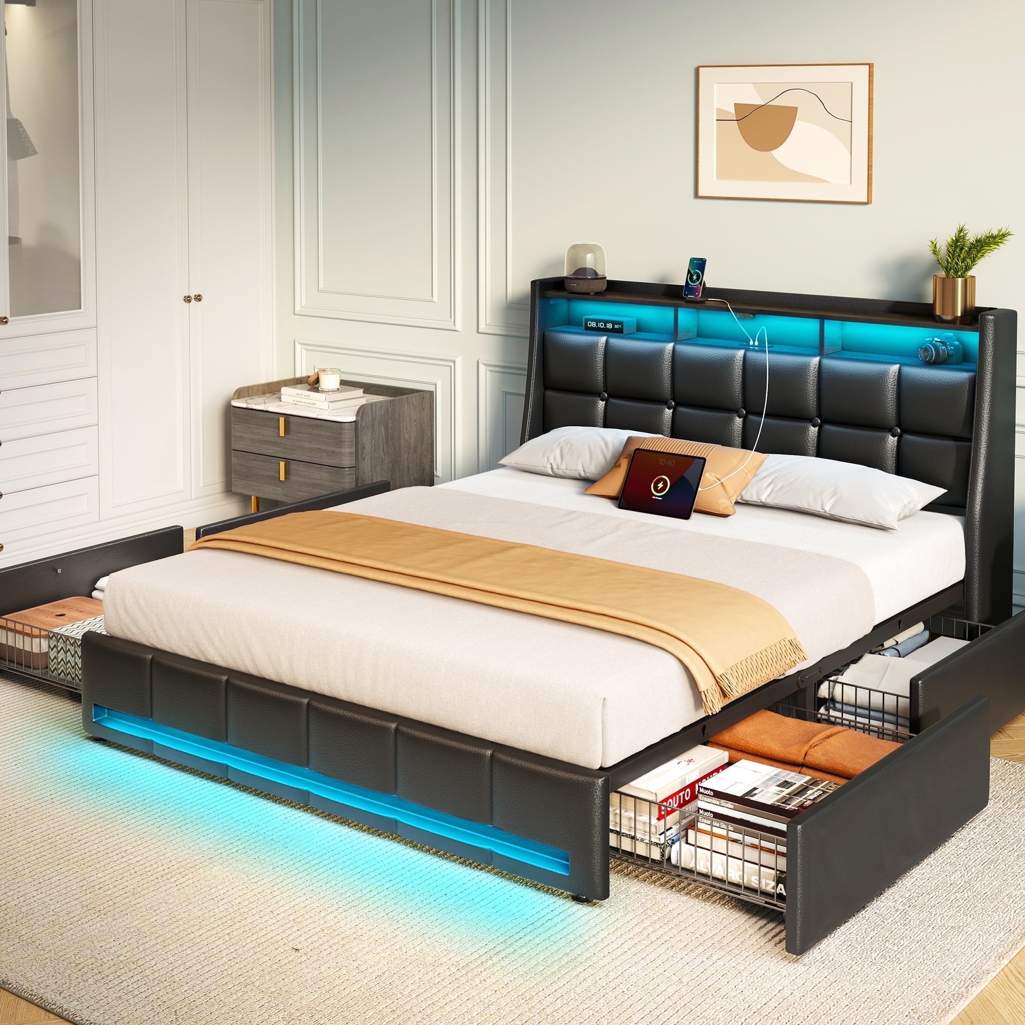 Greenstell Queen LED Storage Bed Frame - Charging Station, App Control ...