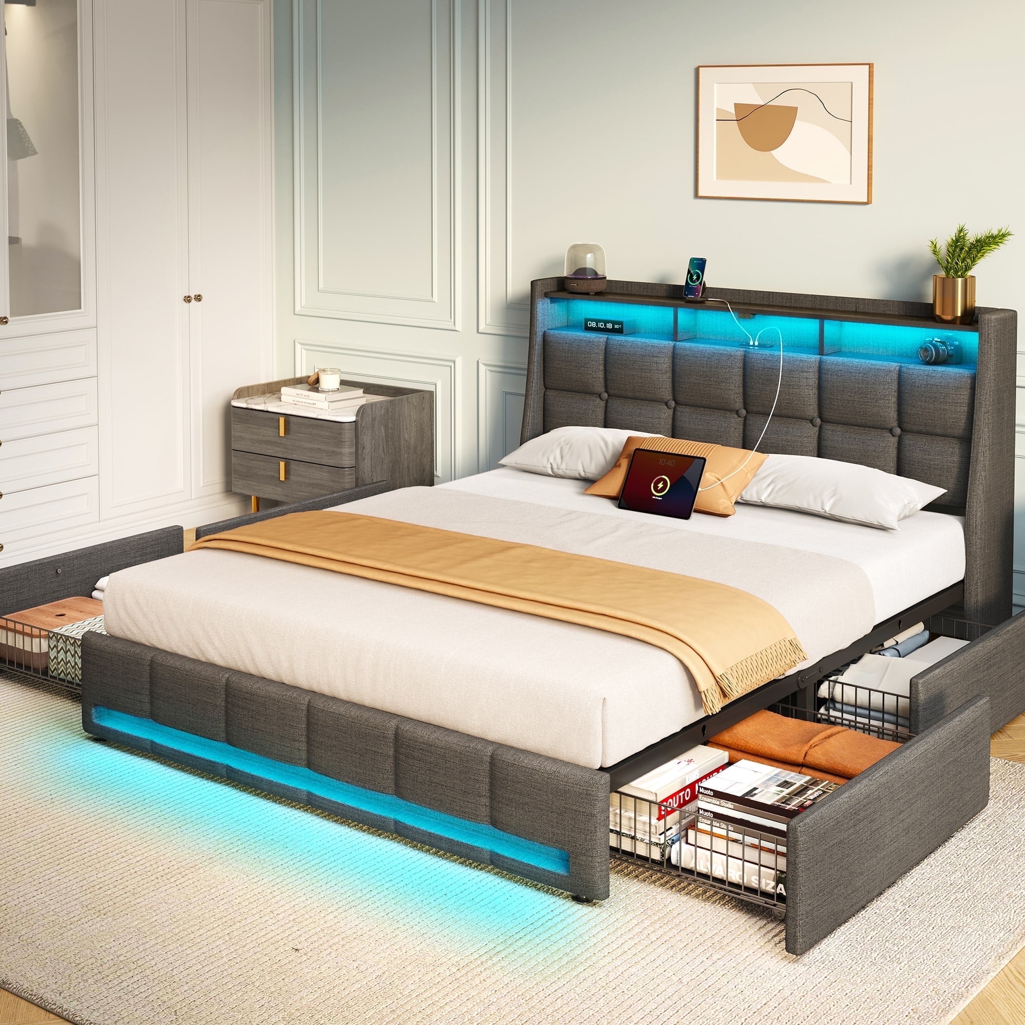 Greenstell Queen LED Storage Bed Frame - Charging Station, App Control ...